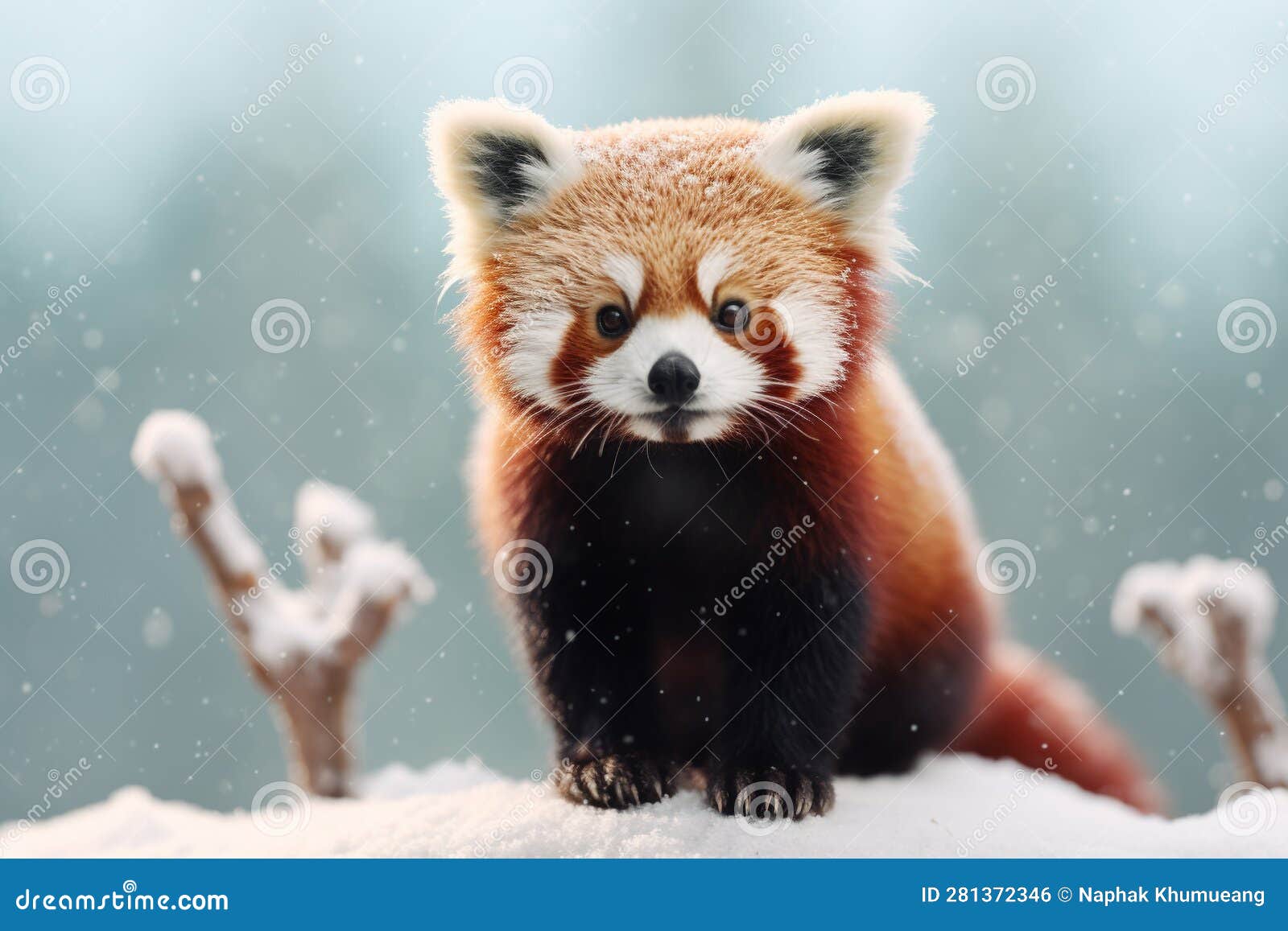 Cute Red Panda with Snow Falling in Winter. Ai Generative Stock Photo ...