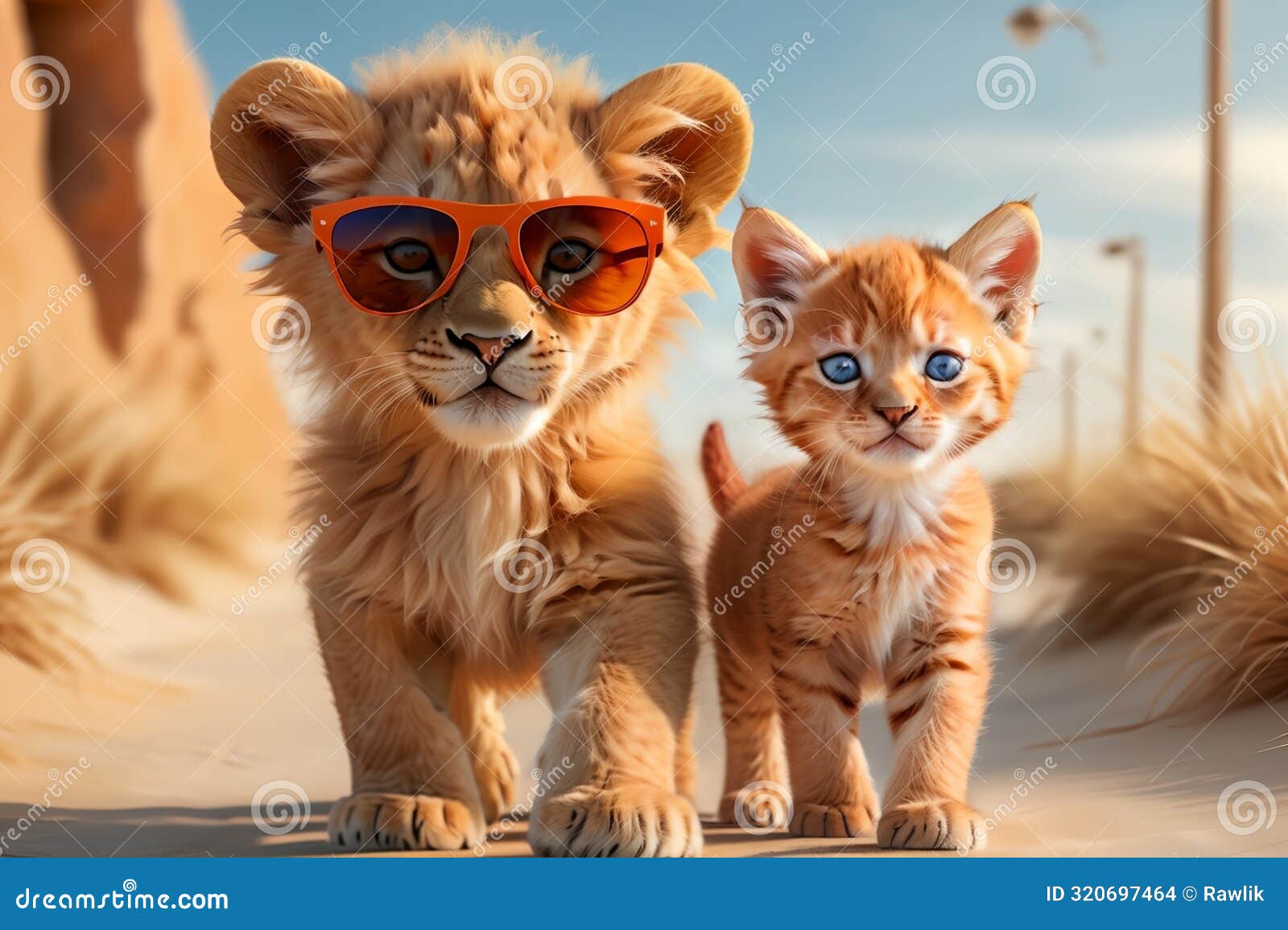 Cute Red Tiger Cub and Kitten, Walking Along the Road in the Desert ...