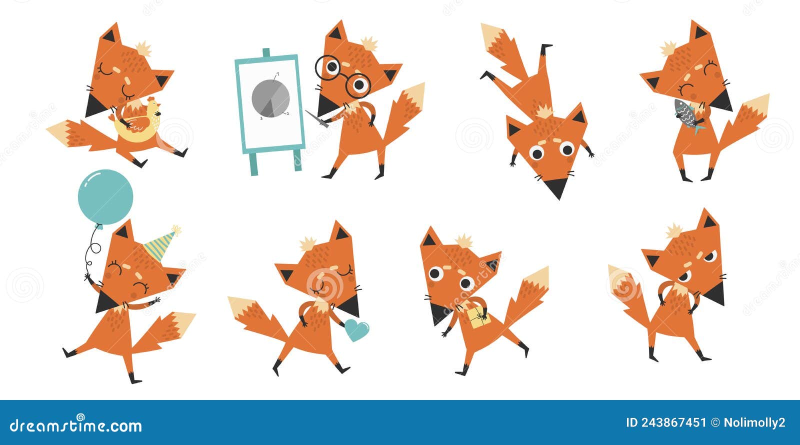 Cute Red Triangular Foxes, Set in Different Poses, Vector Stock Vector ...