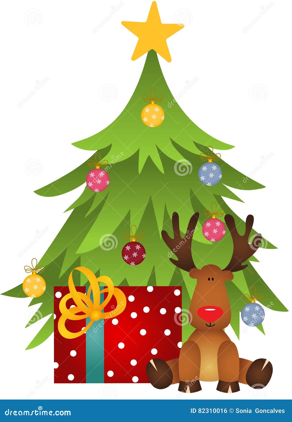 Cute Reindeer with Christmas Tree and Gift Stock Vector - Illustration ...