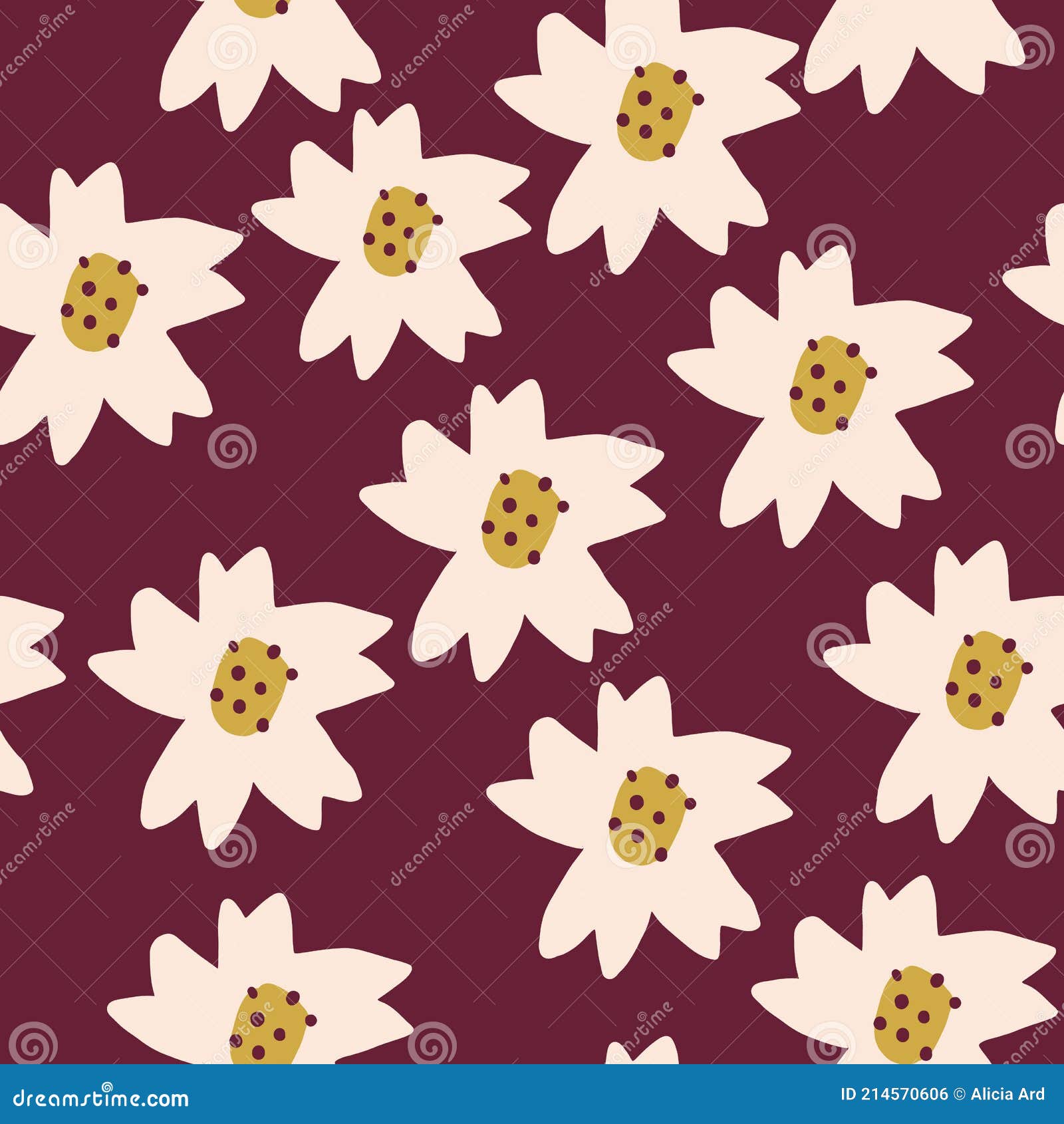 Cute Repeat Daisy Wildflower Pattern with Maroon Background. Seamless ...
