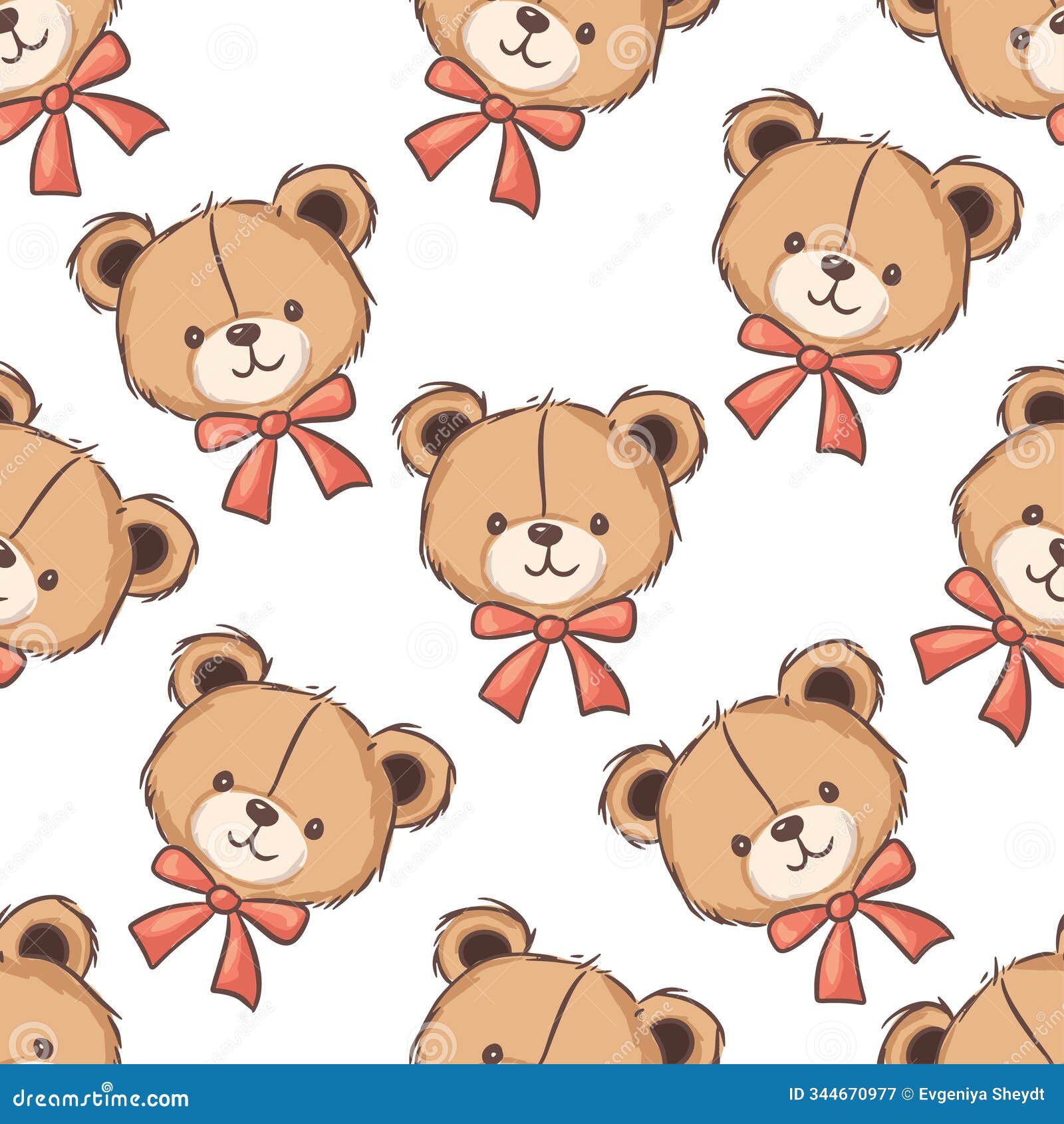Cute Repeating Pattern of Cartoon Teddy Bears with Red Bows on a White ...