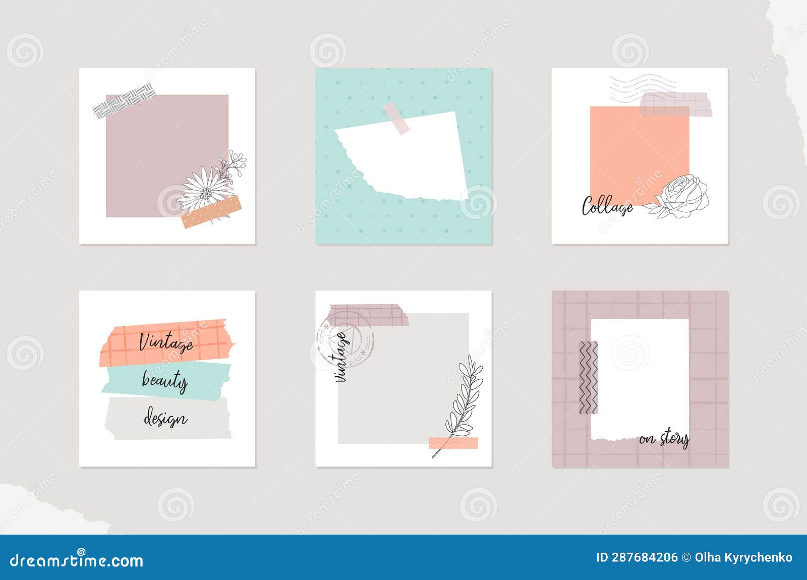 Cute Retro Layouts with Floral Elements and Torn Paper Texture Stock ...