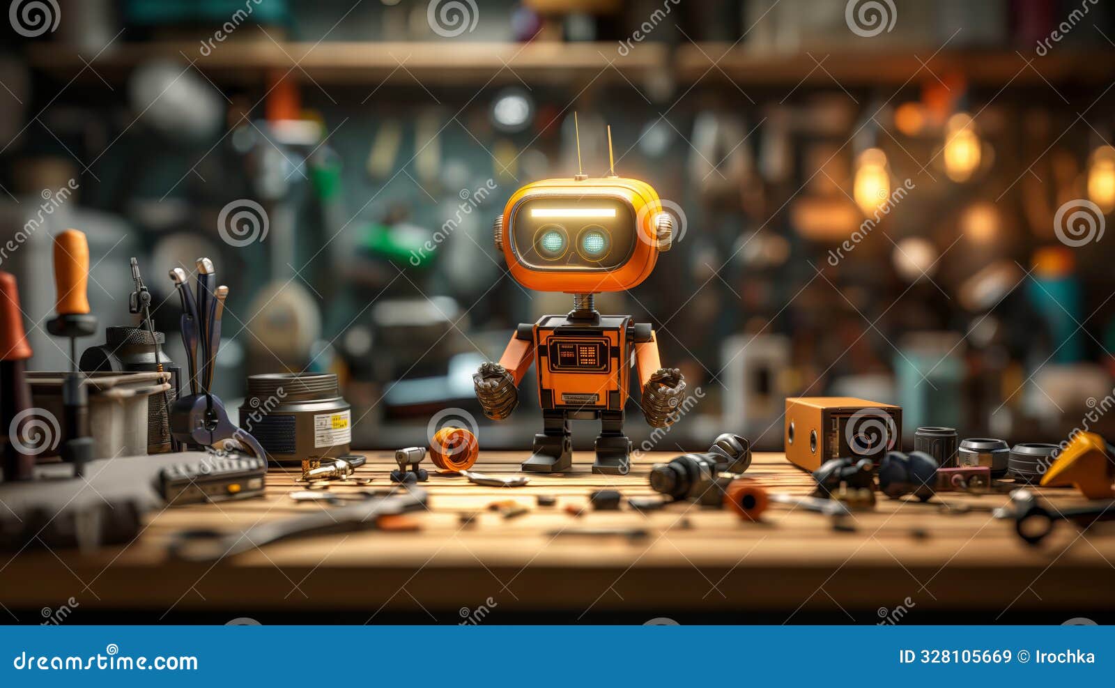 Cute Retro Robot Standing on a Workbench in a Workshop with Tools and ...