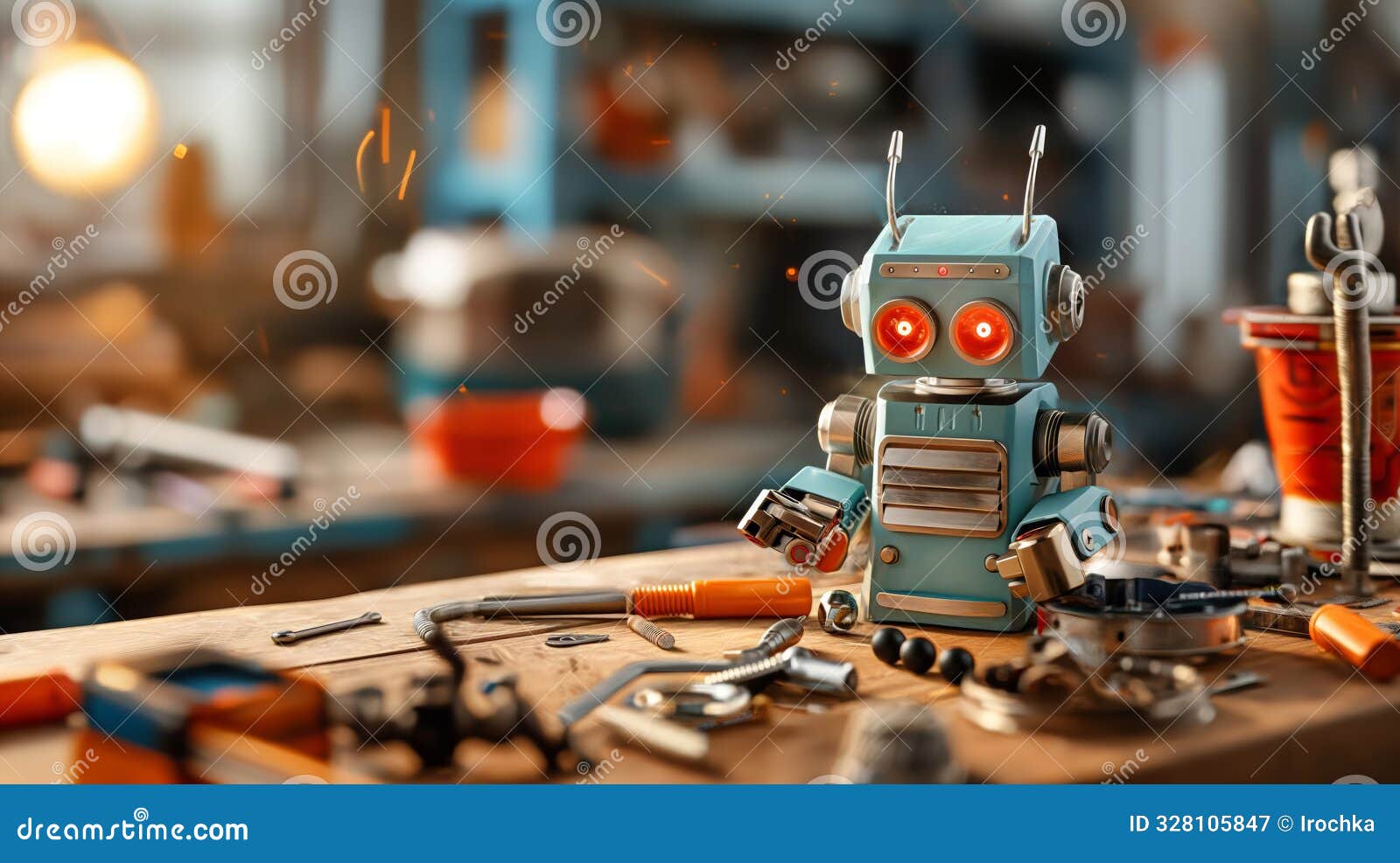 Cute Retro Robot Standing on a Workbench in a Workshop with Tools and ...