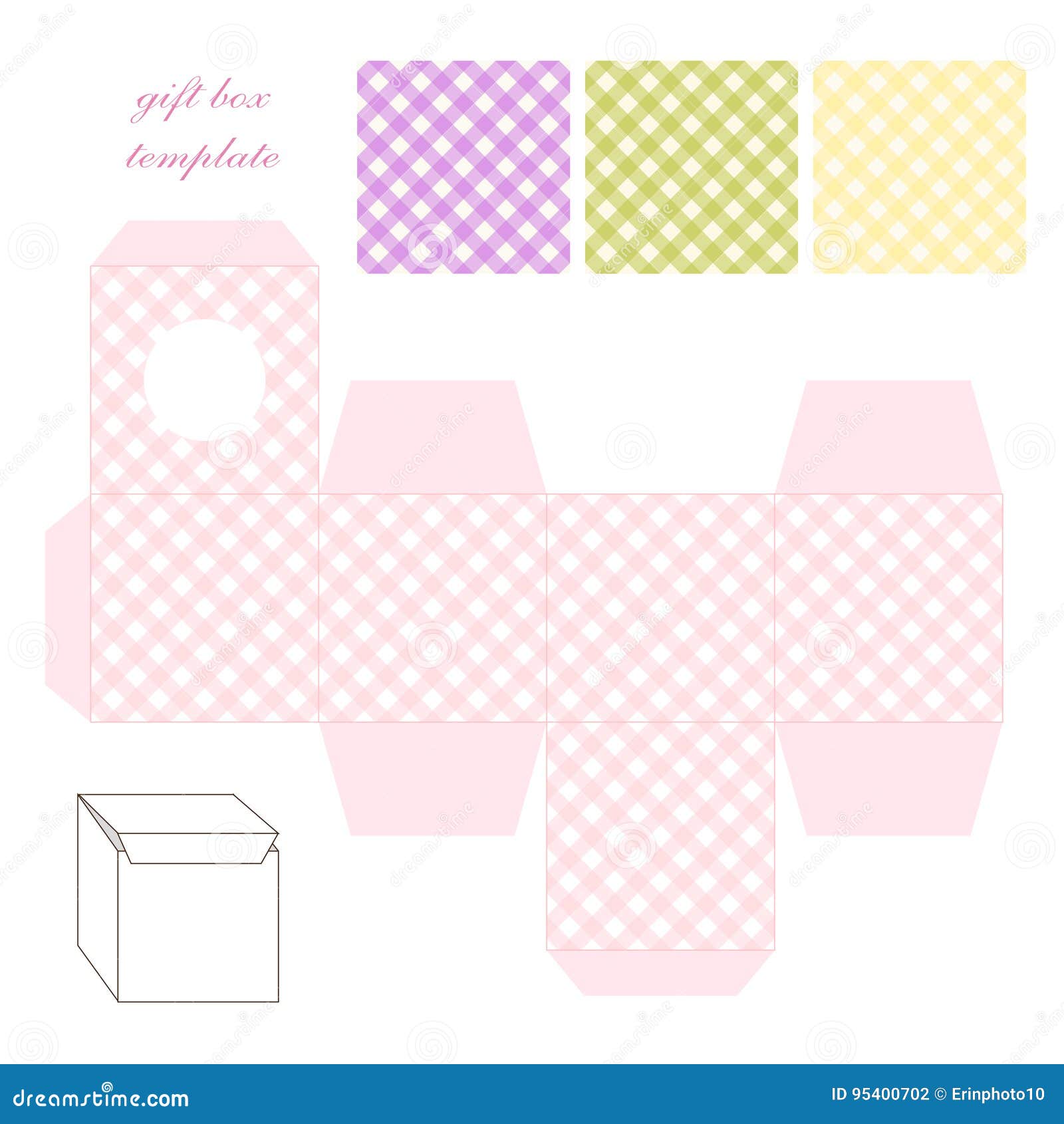Cute Retro Square Gift Box Template with Gingham Ornament To Print, Cut ...