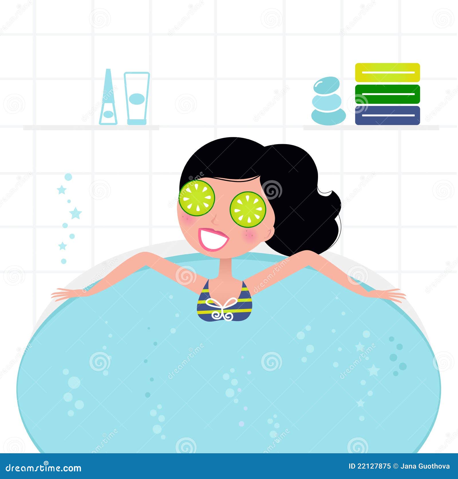Cute Retro Woman Relaxing In Whirlpool Foam Bath Stock Illustration