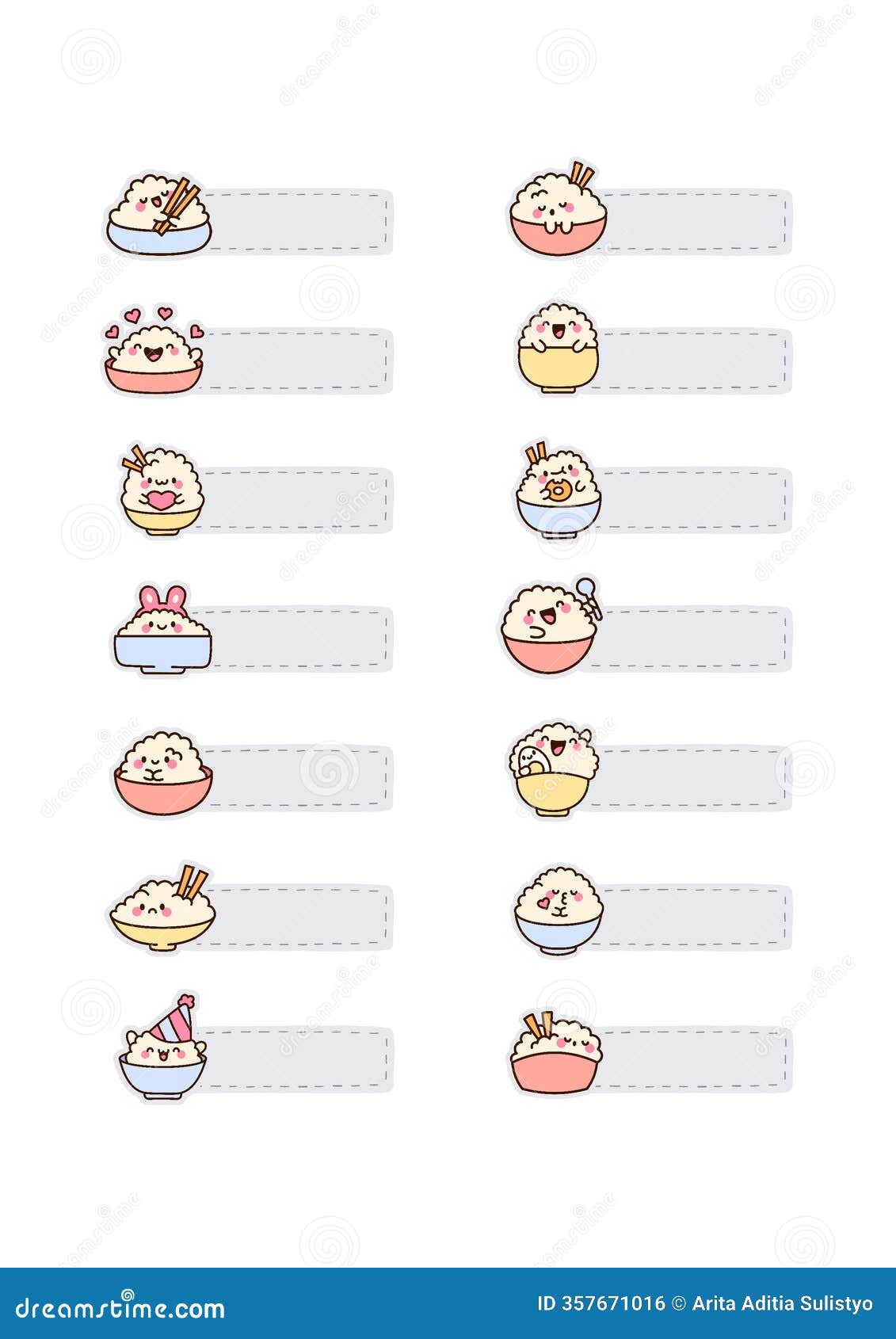 A Cute Rice Bowl Name Tag Sticker Set Stock Photo - Image of sticker ...