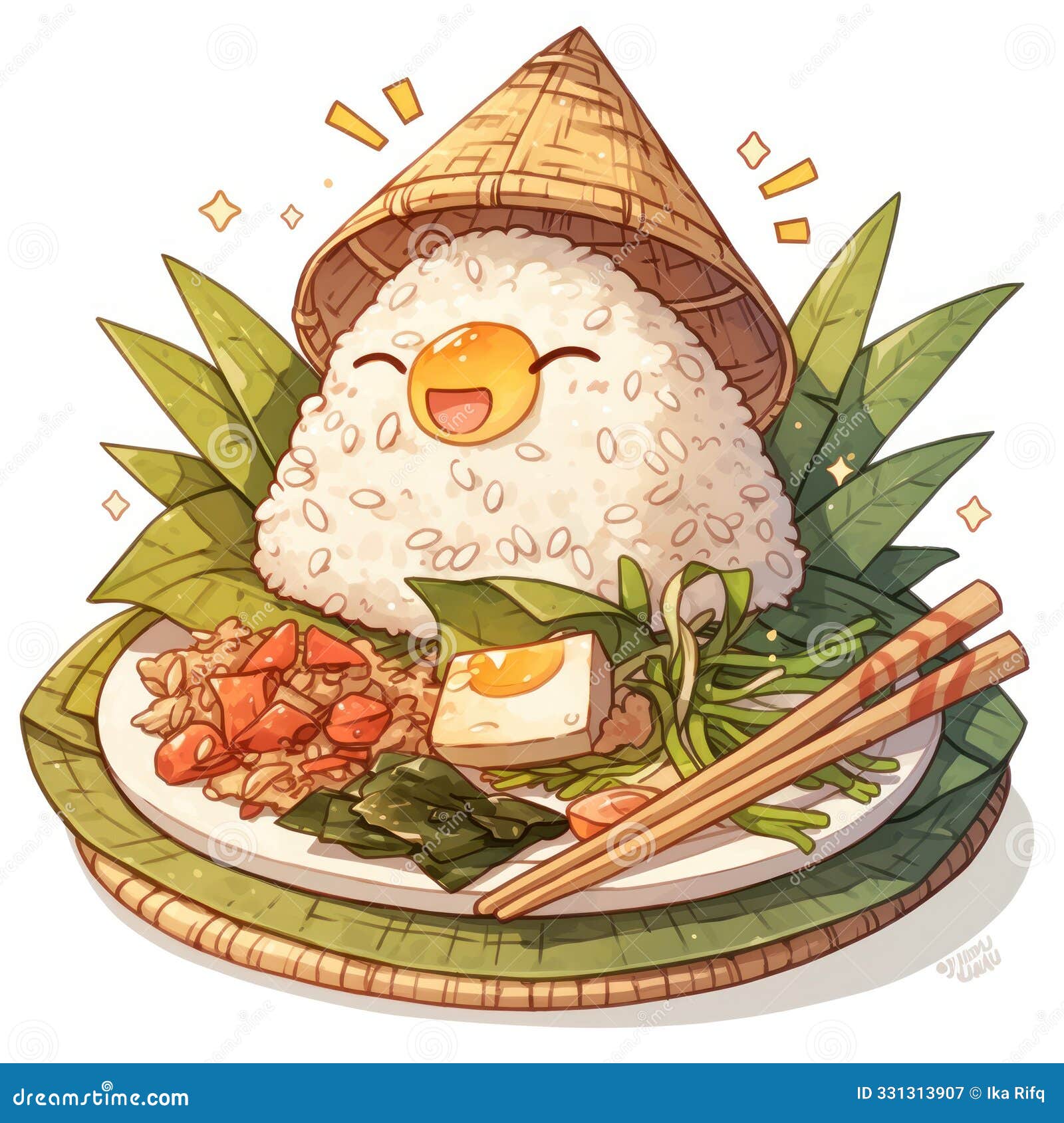 Cute Rice Illustration with Hat, Vegetables, and Chopsticks Generated ...