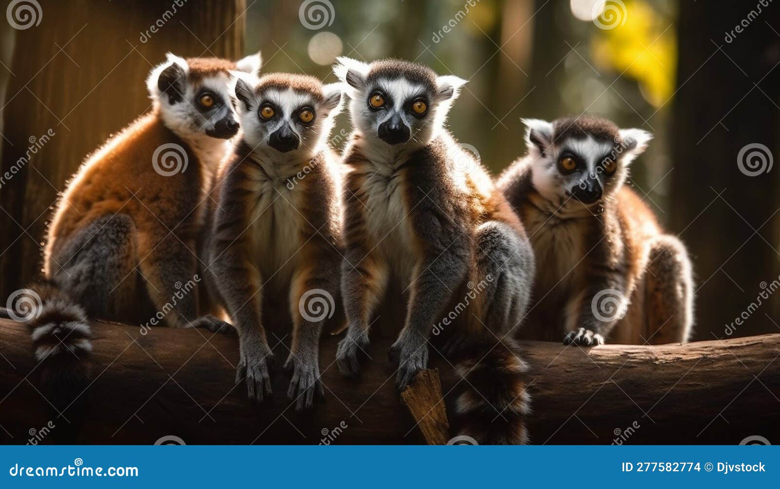 A Cute Ring Tailed Lemur Sitting in a Row, Staring Alertly Generated by ...