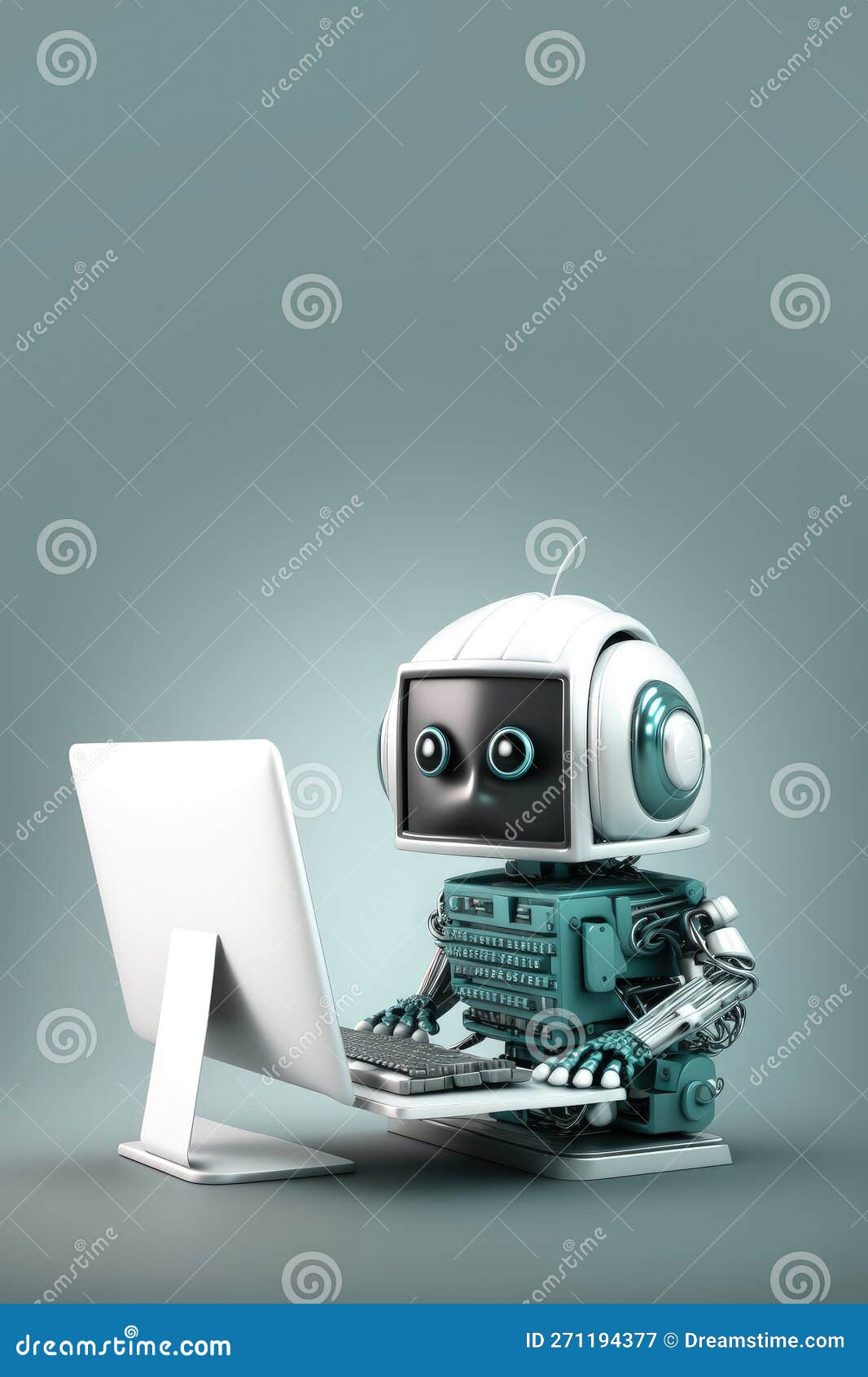 Cute Robot As Ai Chatbot Using Computer Pc Vertical Background With Copy Space Generative Ai