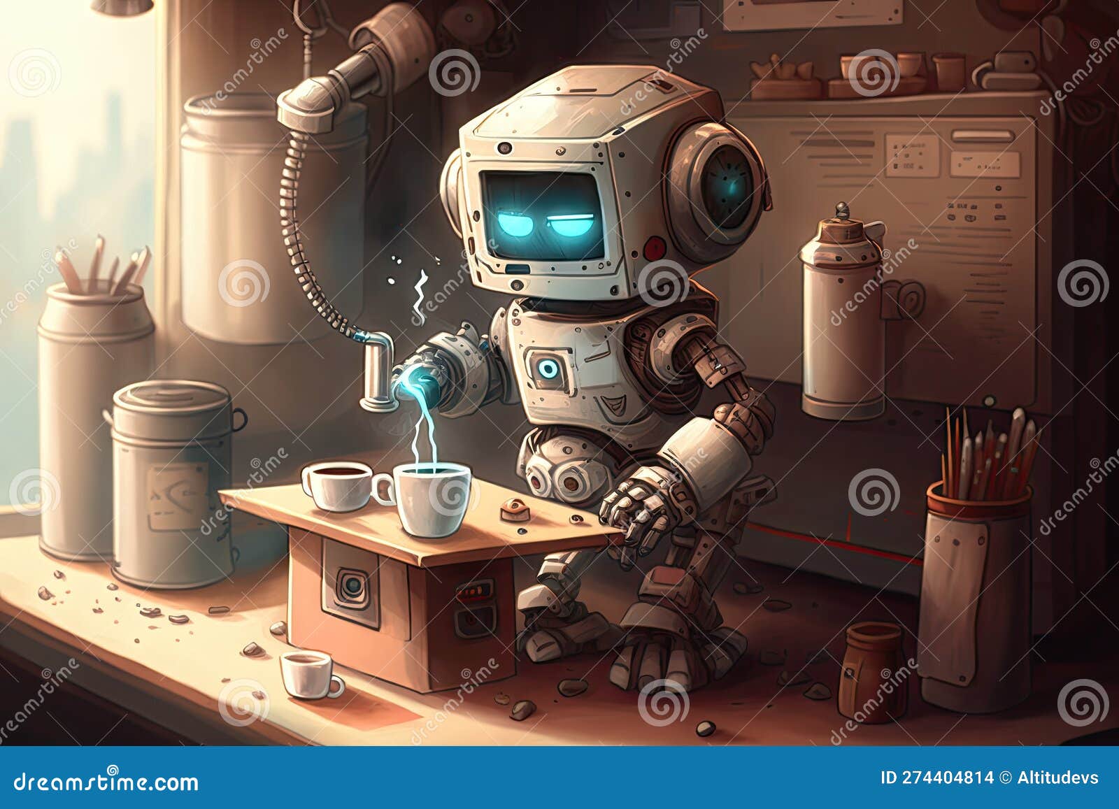 Cute Robot Assistant Performing daily Tasks, Such As Making Coffee and ...