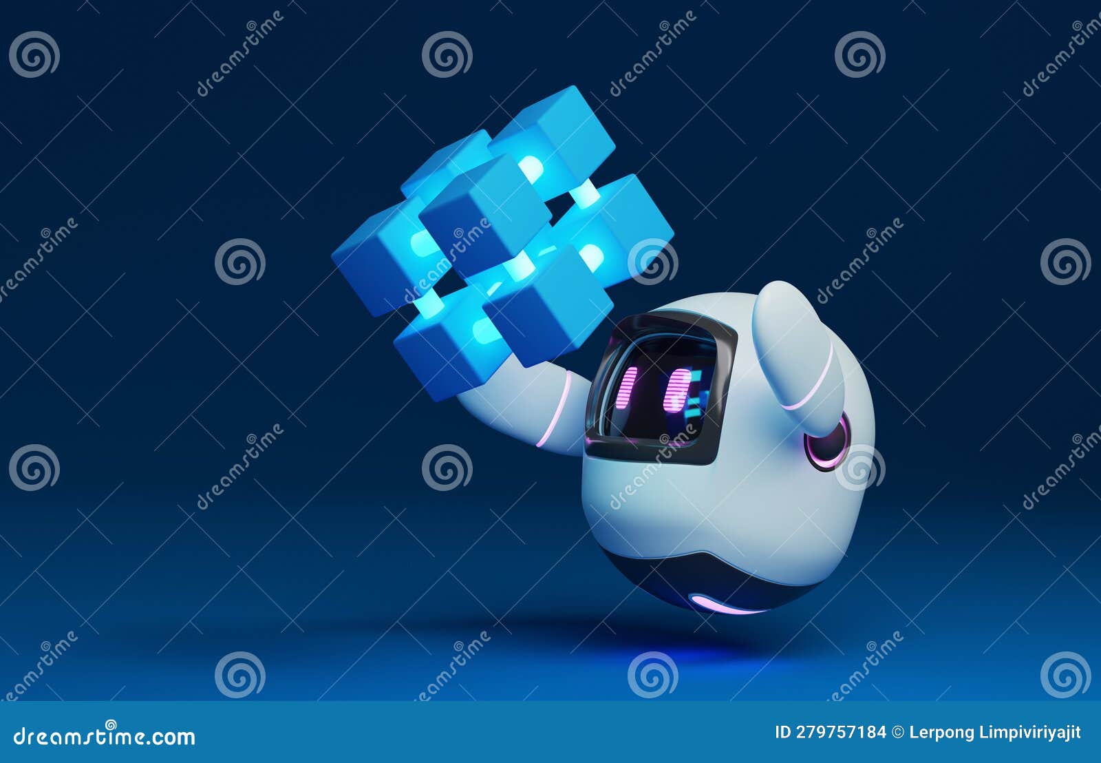 Cute Robot with Blockchain Technology Hologram Blockchain on Blue ...