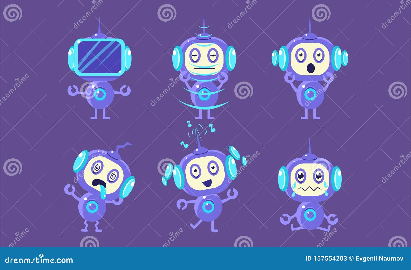 Cute Robot Character Set, Funny Robotics in Different Poses and Various ...