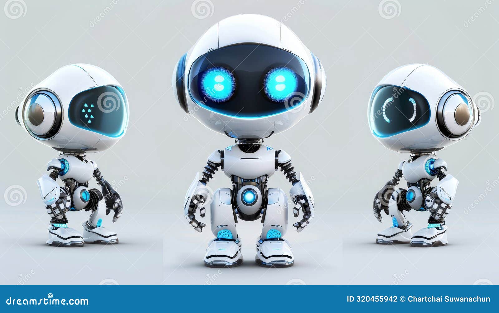 Cute Robot Characters in Three Poses with Blue Glowing Eyes, Concept of ...
