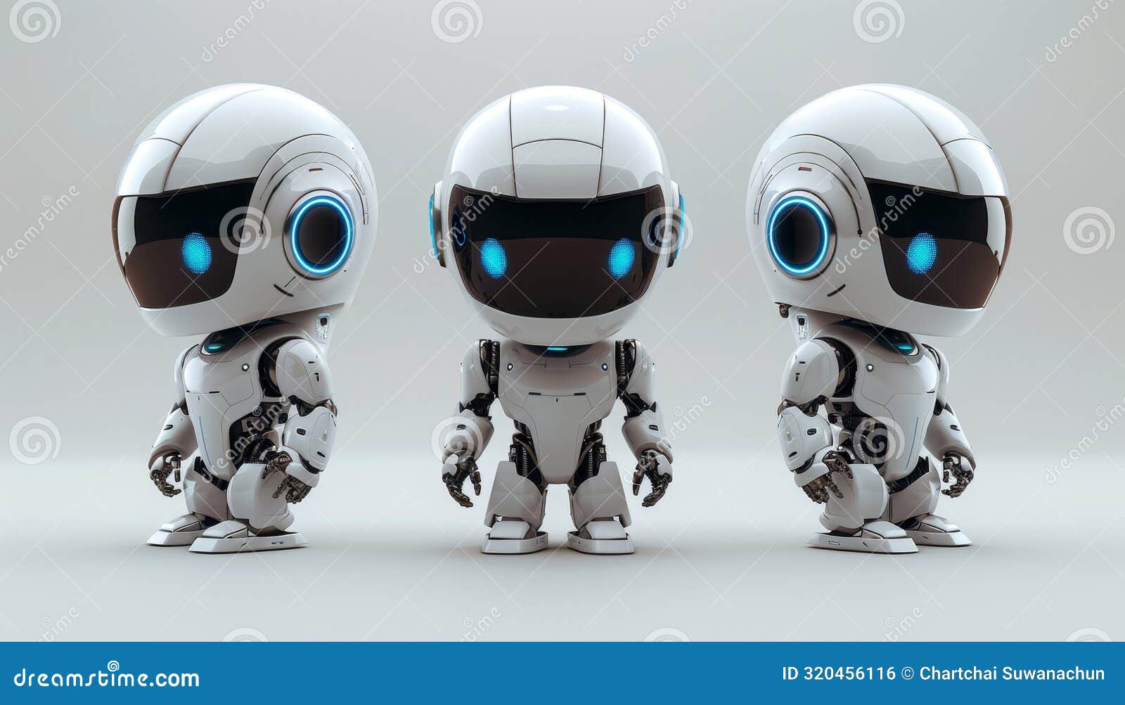 Cute Robot Characters in Three Poses with Blue Glowing Eyes, Concept of ...