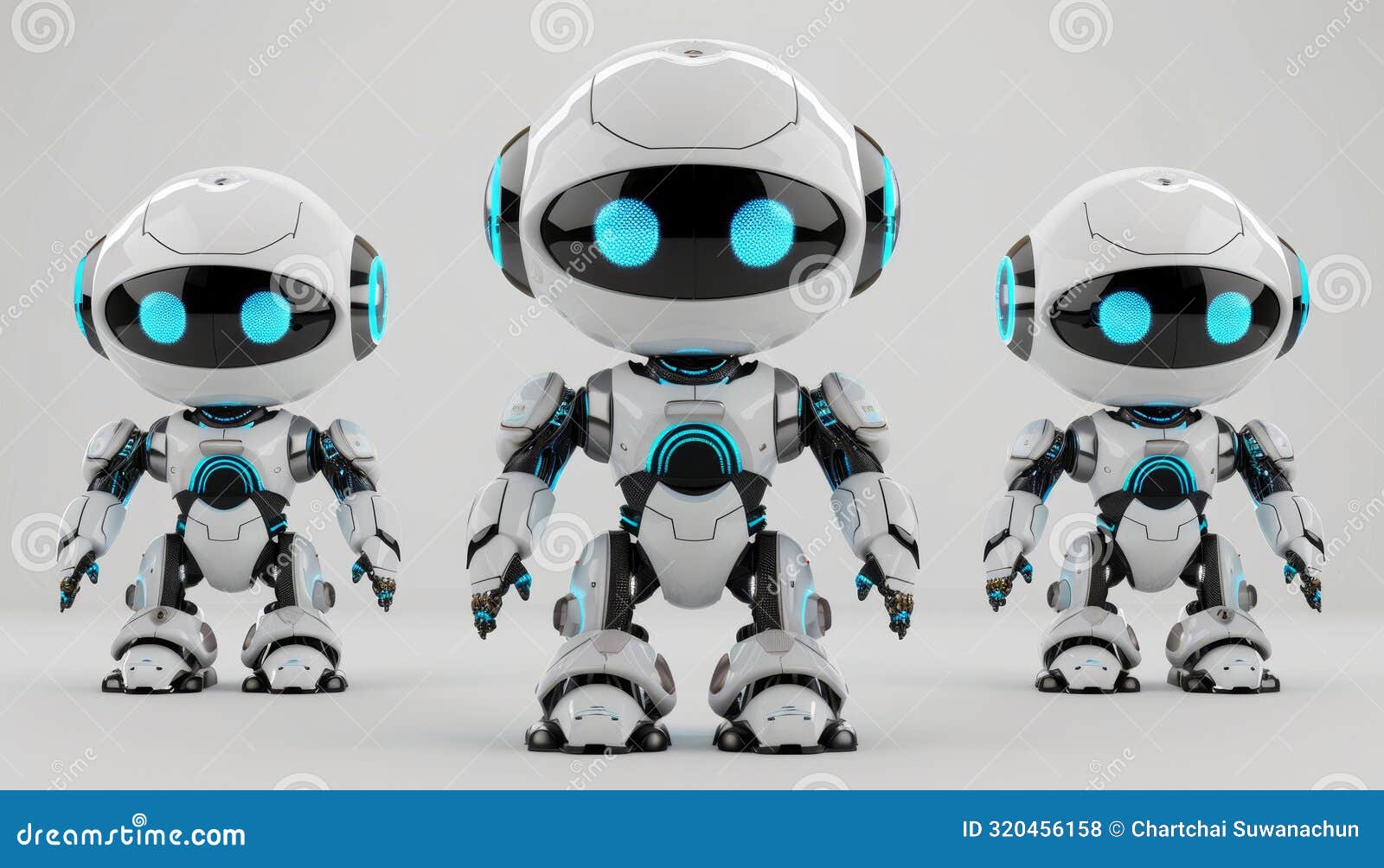 Cute Robot Characters in Three Poses with Blue Glowing Eyes, Concept of ...