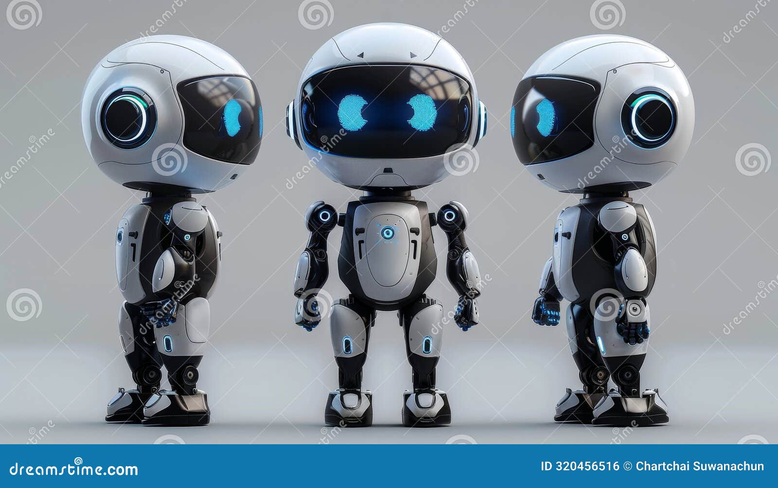 Cute Robot Characters in Three Poses with Blue Glowing Eyes, Concept of ...