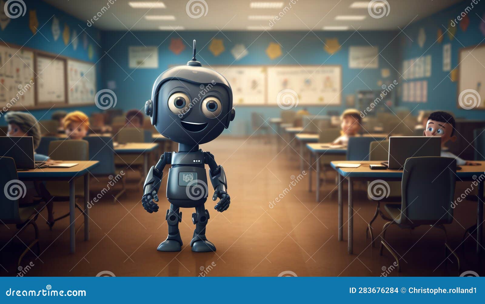 A Cartoon Robot Standing in Front of a Classroom - Generative AI Stock ...