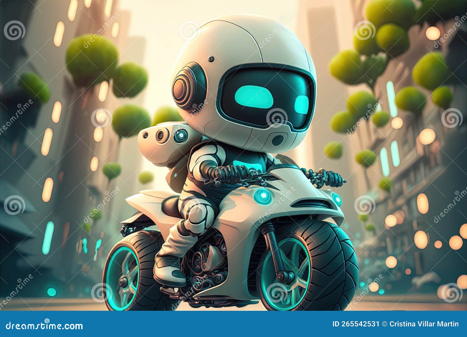 Cute Robot Driving an Electric Motorcycle in a City Made with ...