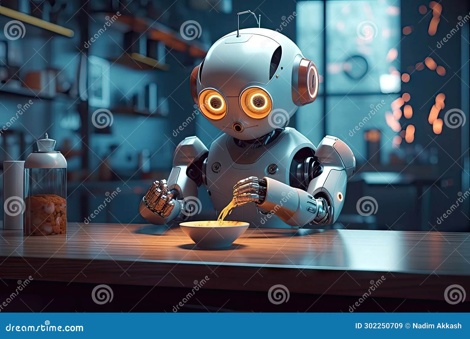 Cute Robot Eating Food Restaurant Background Technology Food Concept ...