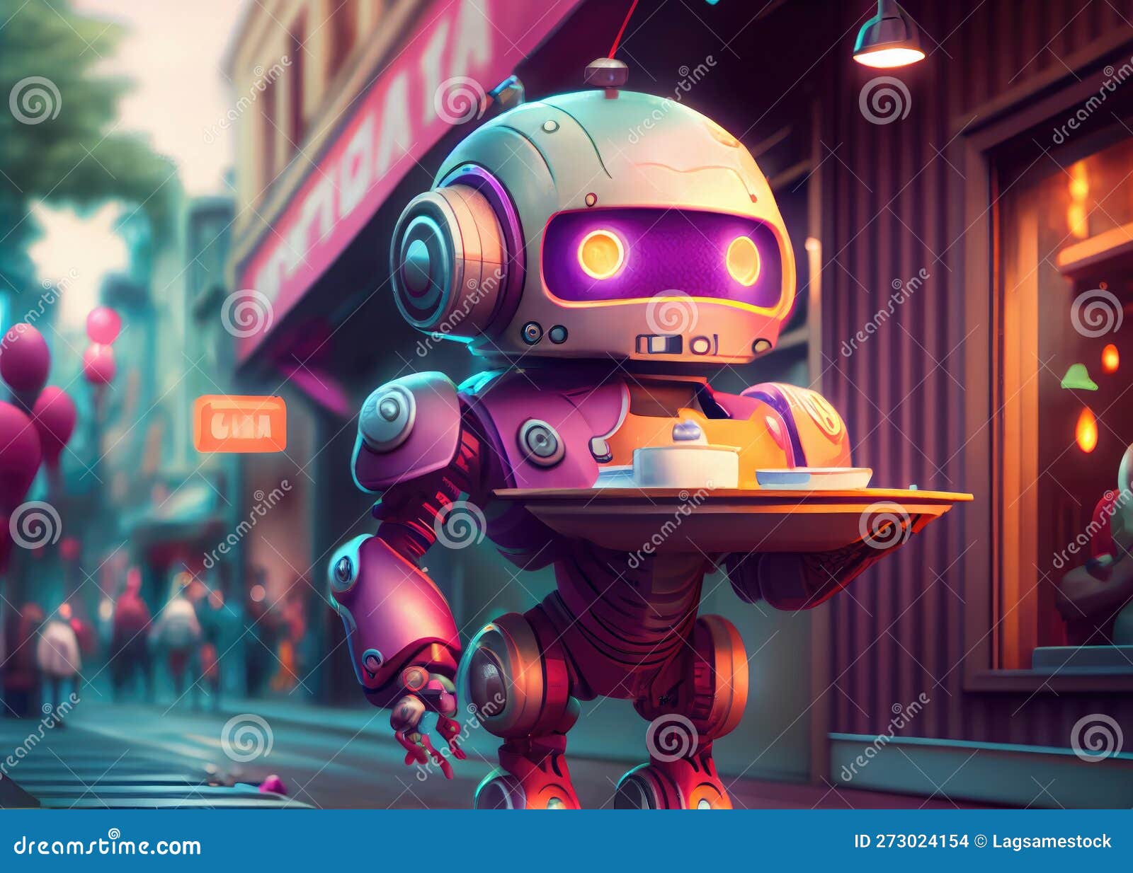Cute Robot Eating Food in the Restaurant Background. Technology and ...