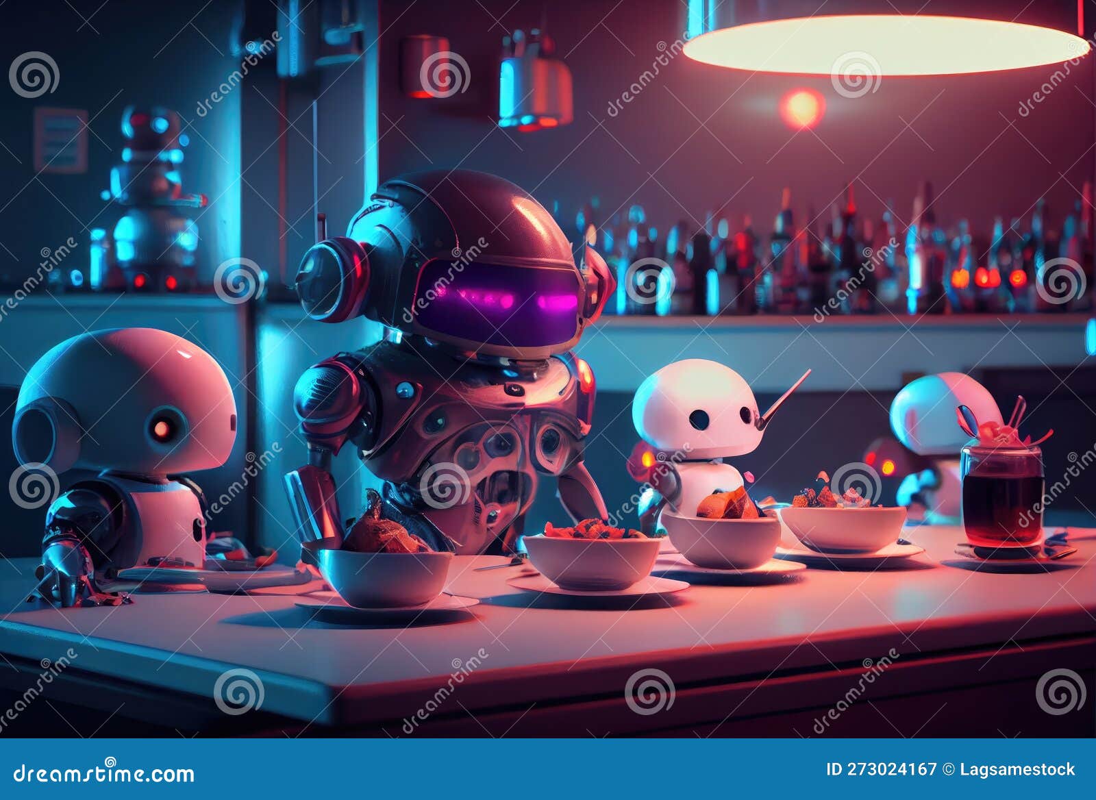 Cute Robot Eating Food in the Restaurant Background. Technology and ...