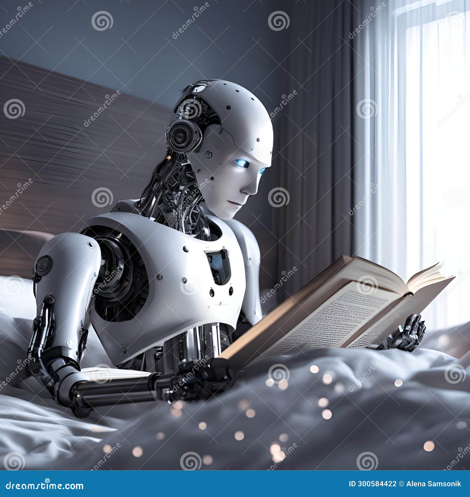 A Cute Robot Enjoys Reading a Book in Bed Stock Illustration ...