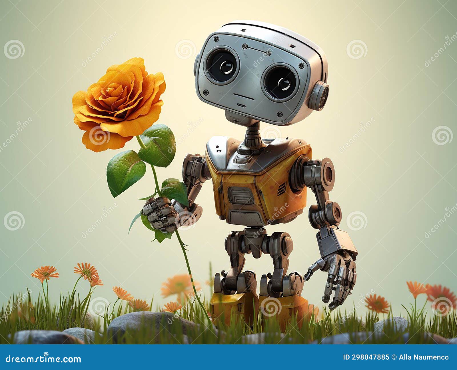 Cute robot with flowers stock illustration. Illustration of little - 298047885