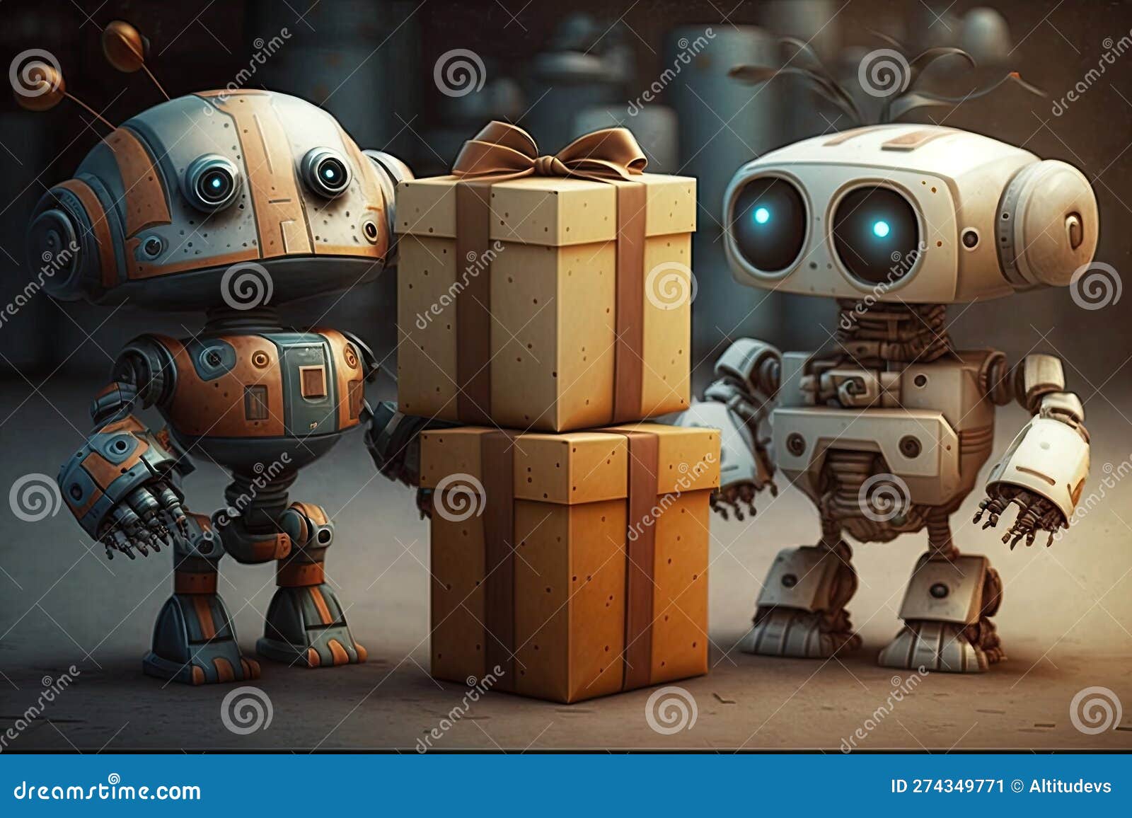Cute Robot with Gift Box and Other Robots for Sci-fi Setting Stock ...