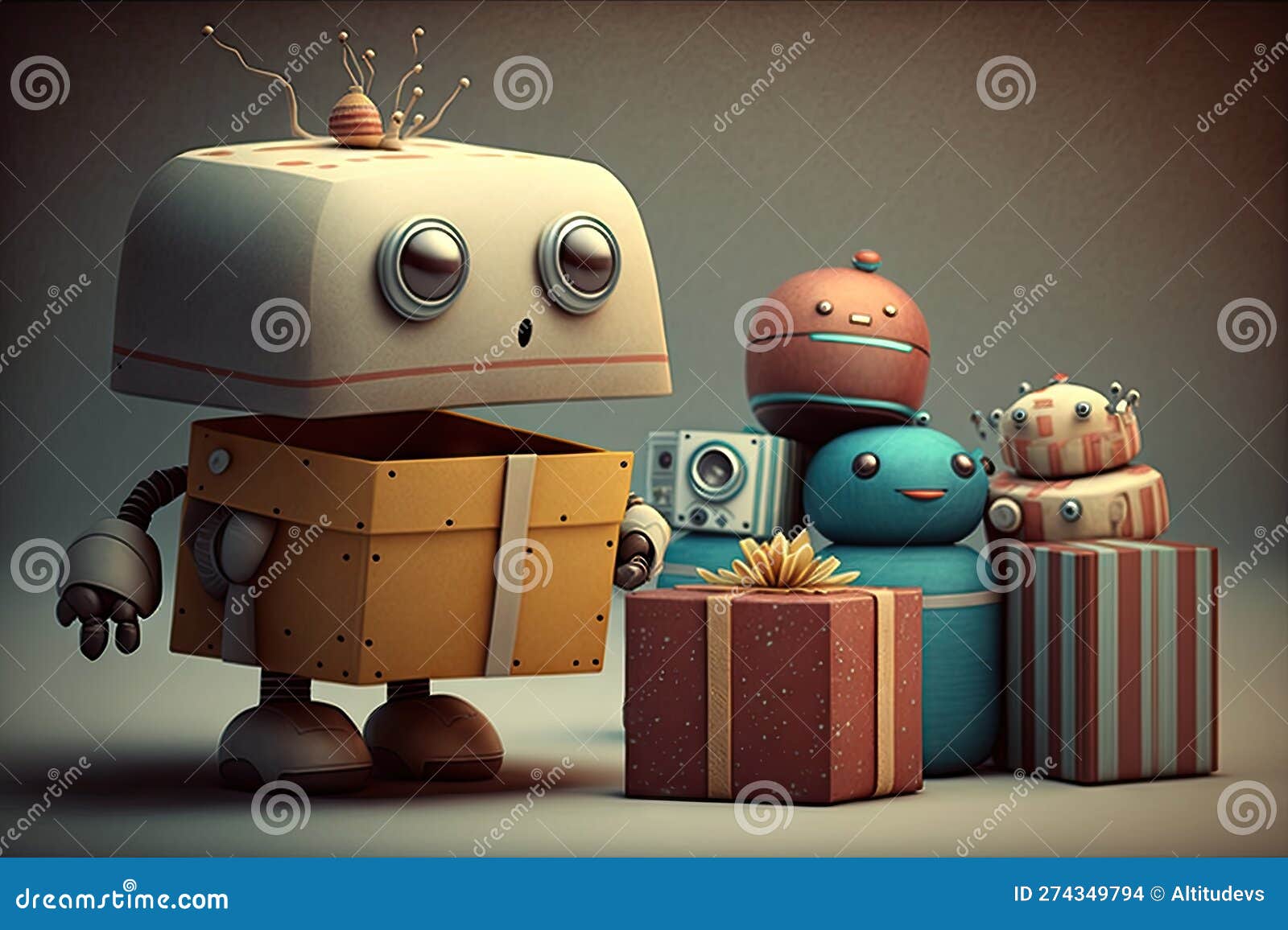 Cute Robot with Gift Box and Other Robots for Sci-fi Setting Stock ...