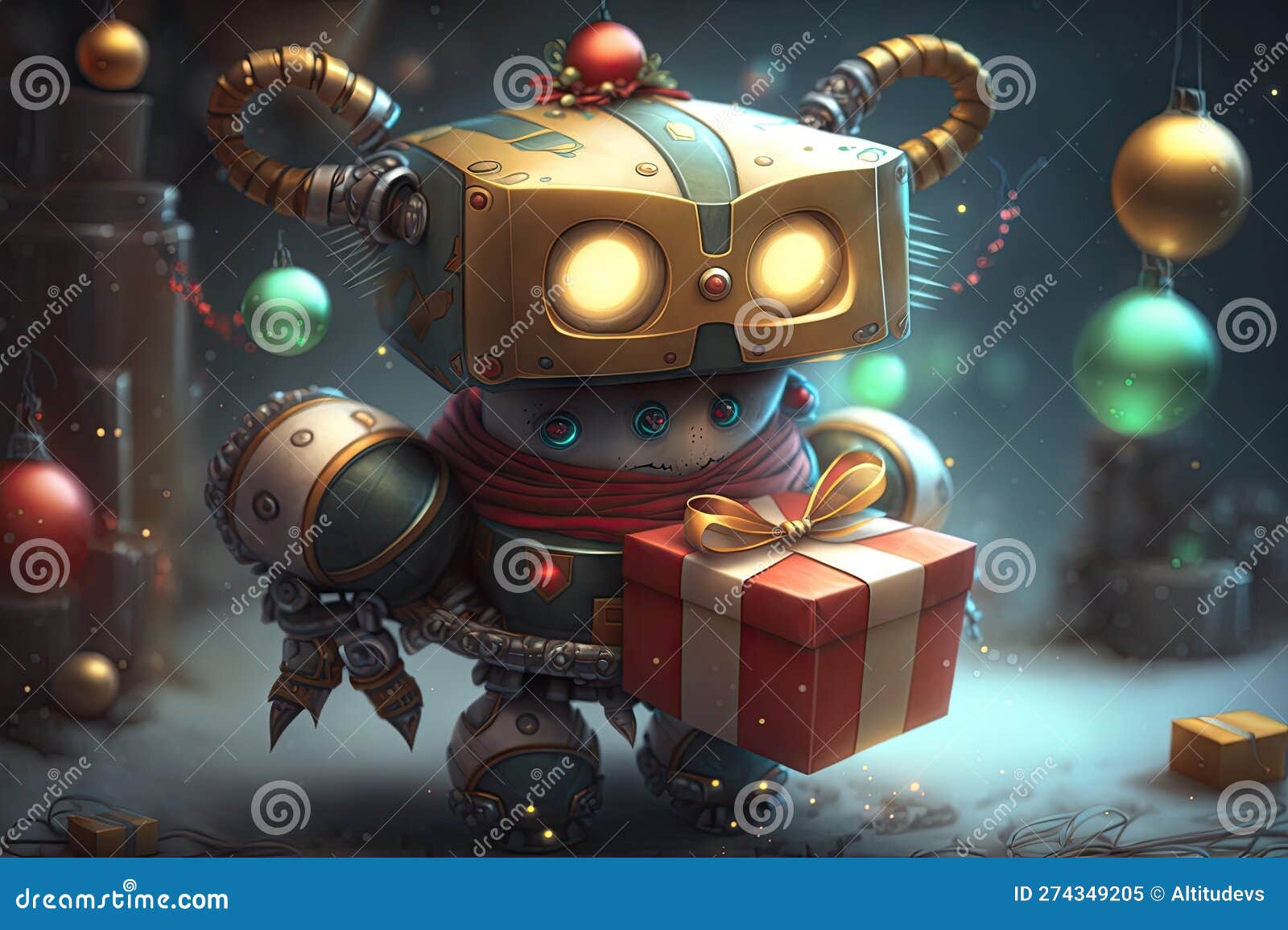 Cute Robot with Gift Box, Surrounded by Festive Decorations for the ...