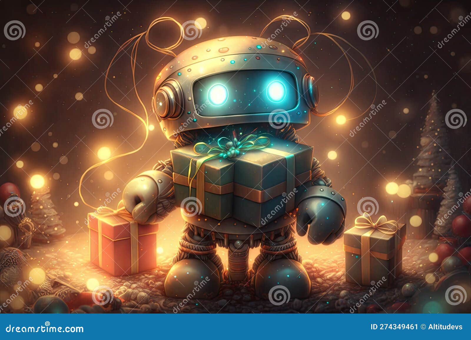 Cute Robot with Gift Box, Surrounded by Festive Decorations and Lights ...
