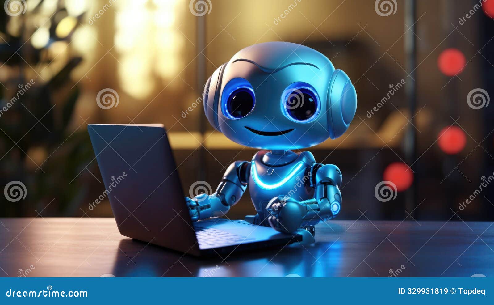 Cute Robot with Headphones Working at a Computer in Futuristic Office ...