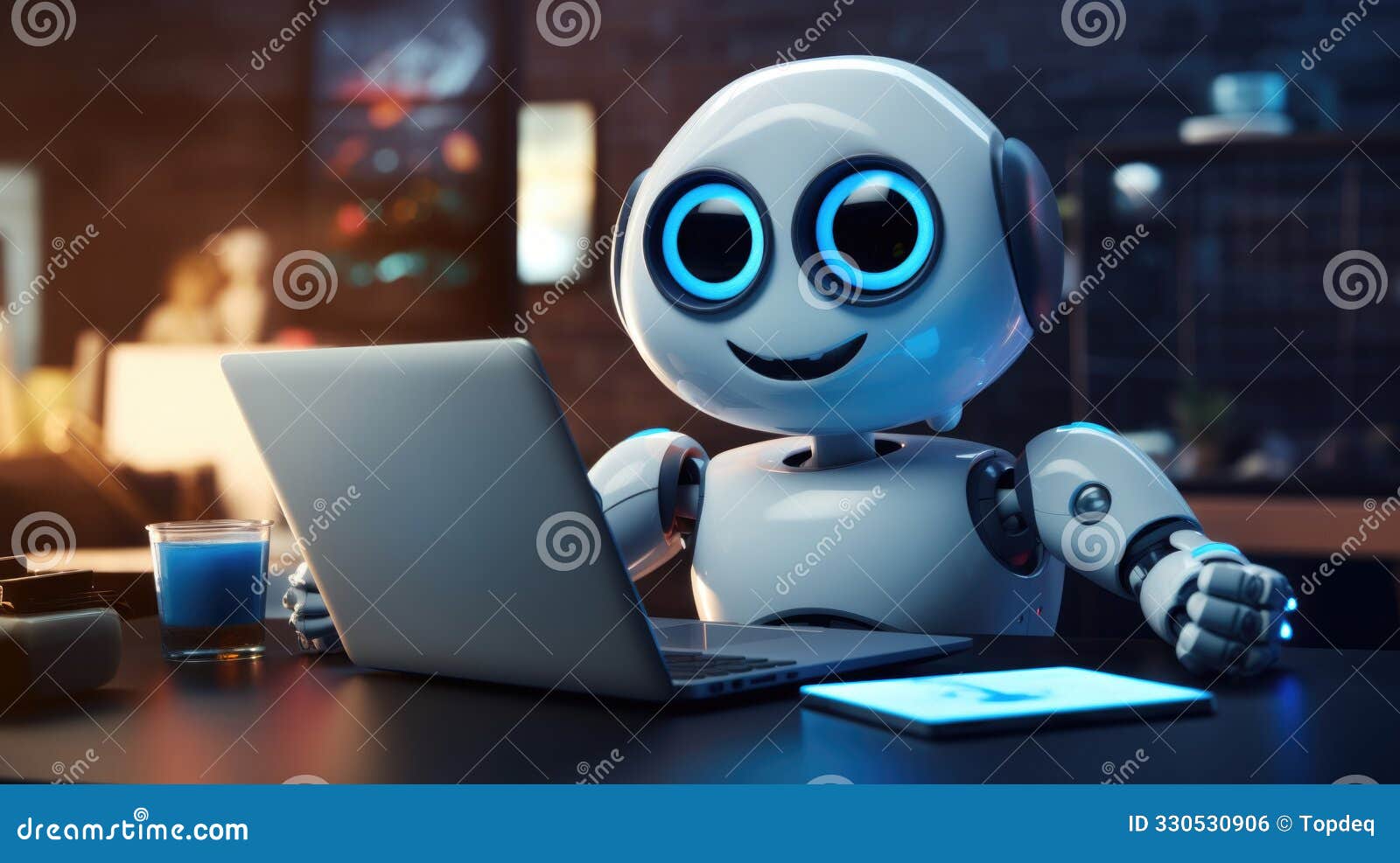 Cute Robot With Headphones Working At A Computer In Futuristic Office ...