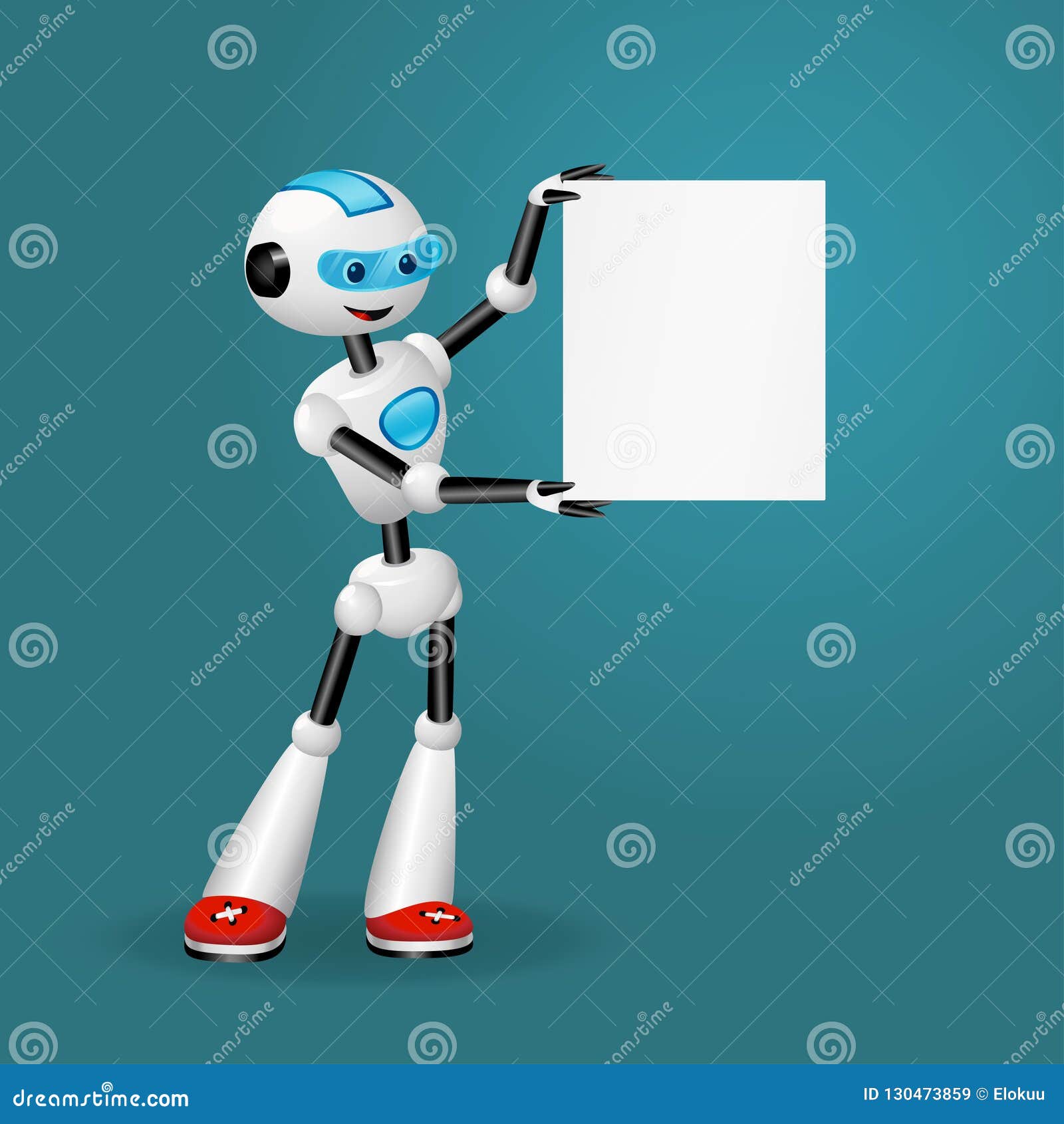 Cute Robot Holding Blank Sheet of Paper for Text on Blue Background ...