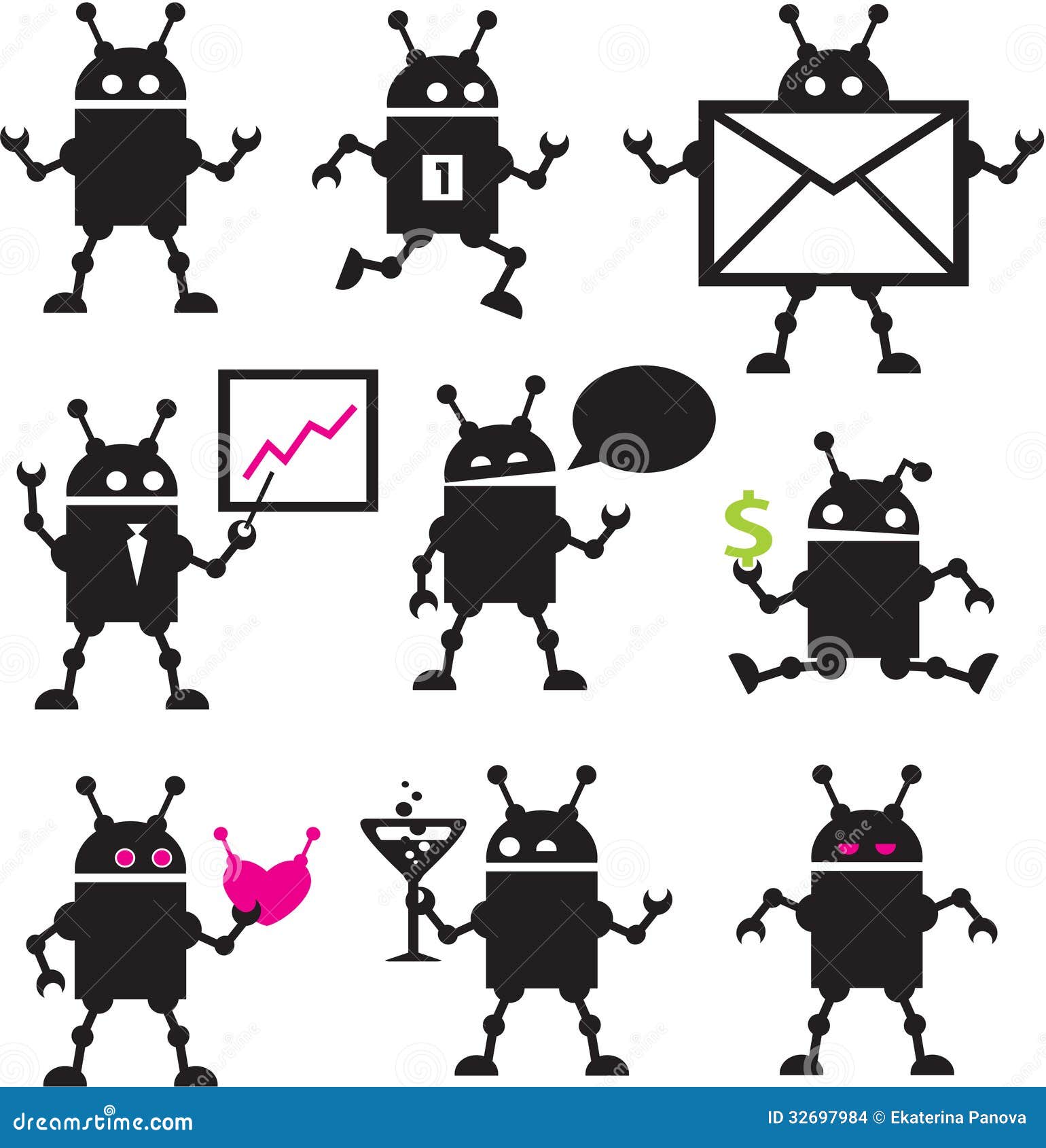 Cute Robot Icons Black and White. Stock Vector - Illustration of ...