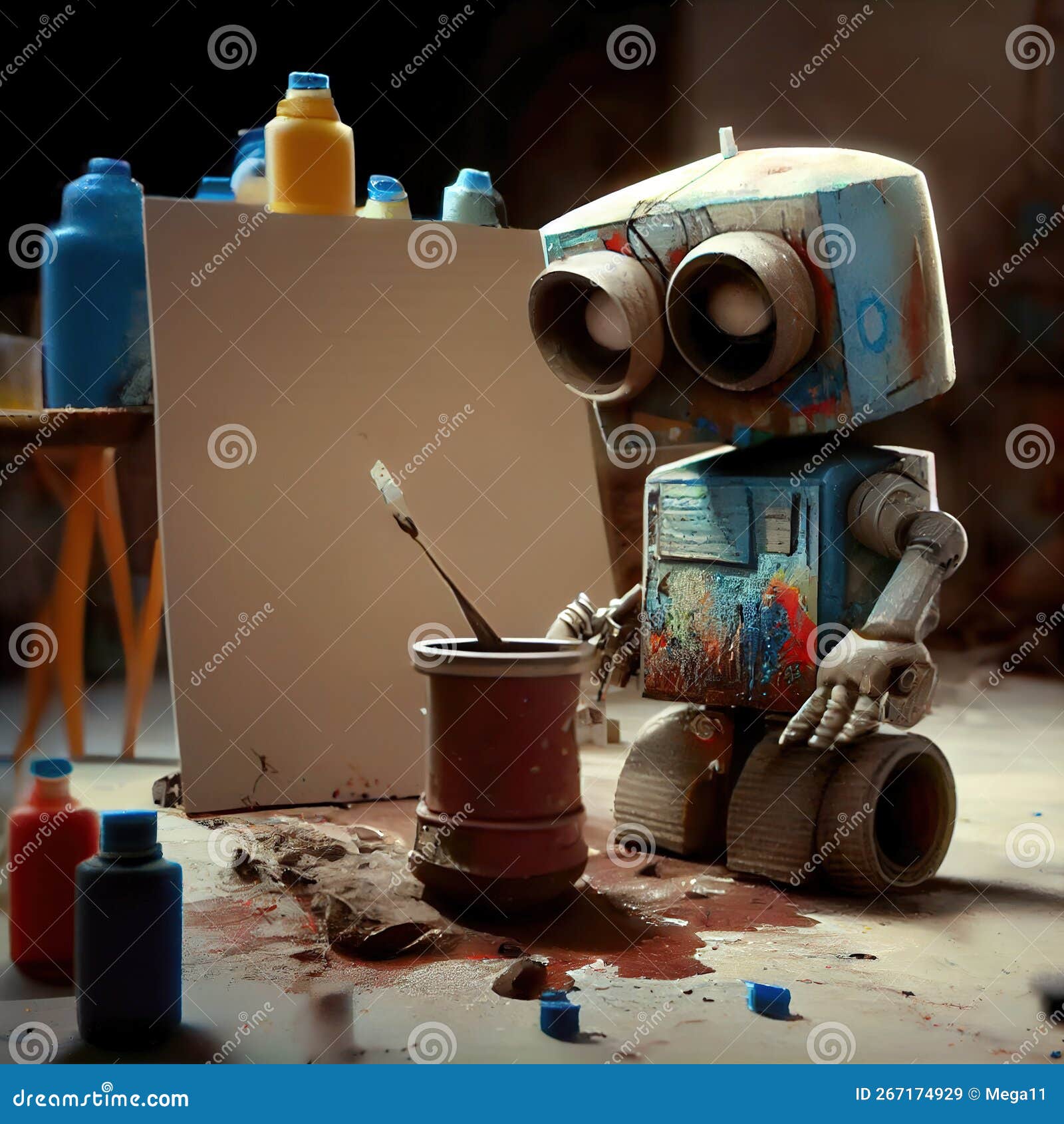 Generative AI:cute Robot Painting Technological Progress, Cartoon Style ...