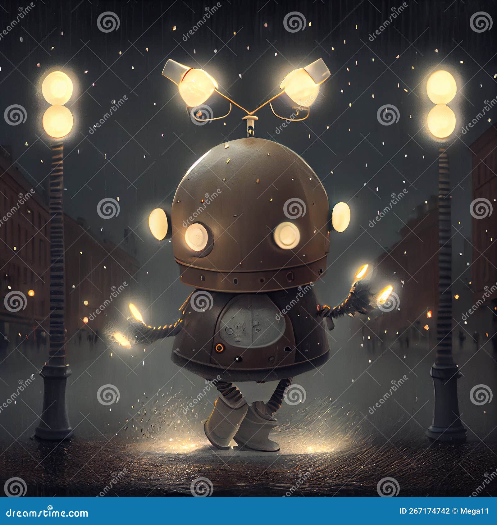 Generative AI:cute Robot in the Rain Technological Progress, Cartoon ...