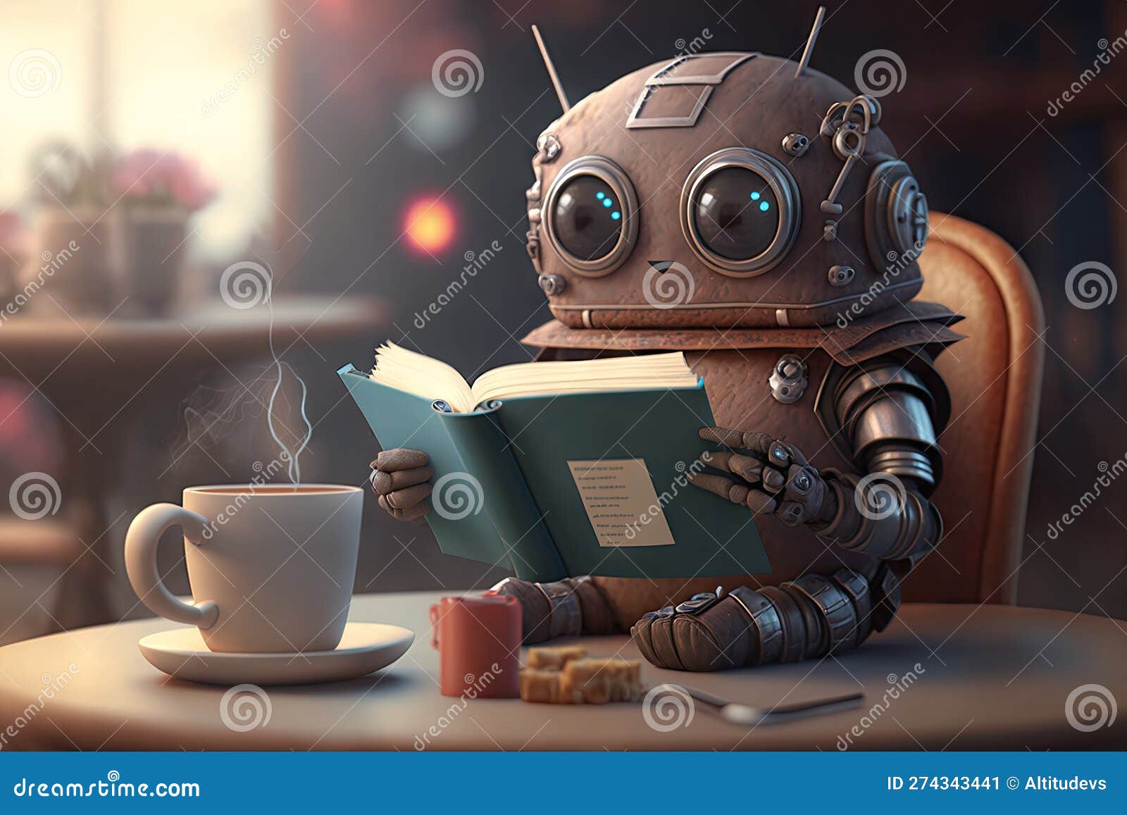 Cute Robot Reading Book while Enjoying Hot Drink and Pastry in Cozy ... Cute Robot Reading Book while Enjoying Hot Drink and Pastry in Cozy ...