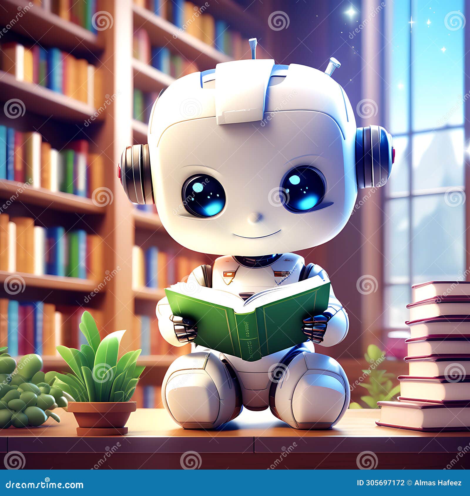 Cute Robot Reading a Book in the Library - Cartoon-style Artificial ...