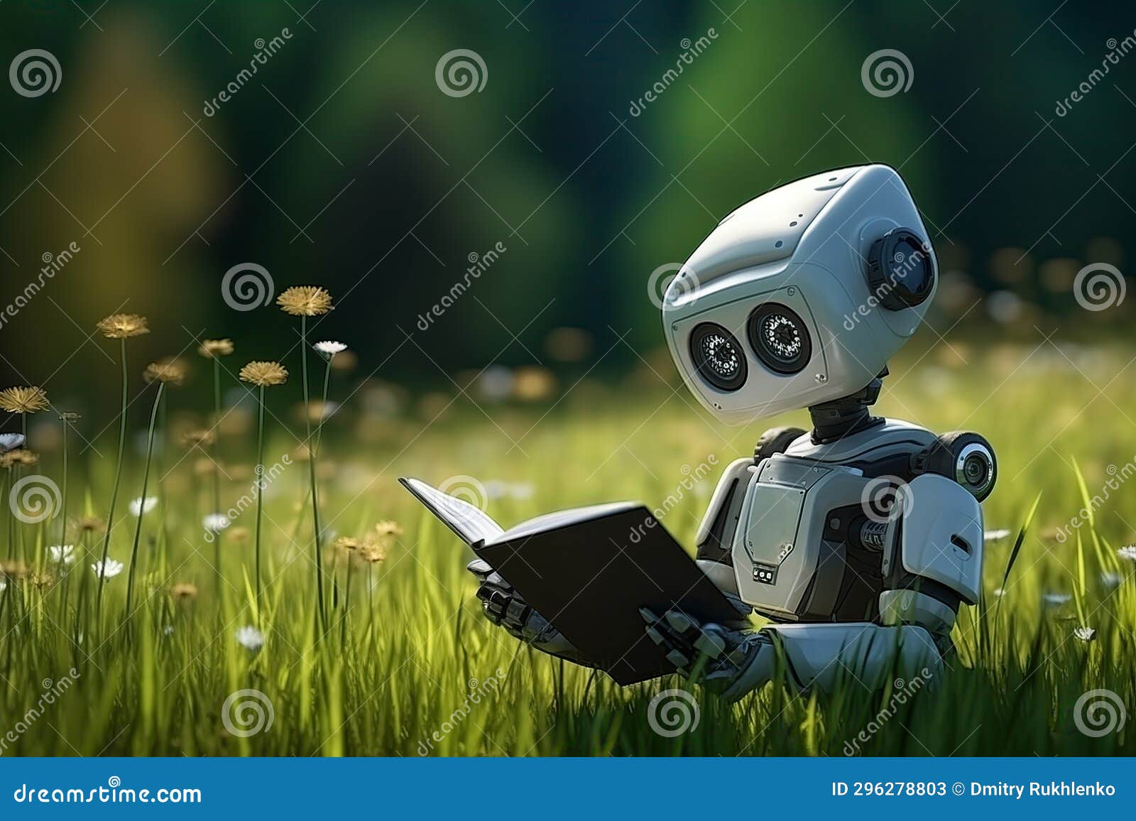 Cute Robot Reading a Book in Summer Meadow Stock Image - Image of ...
