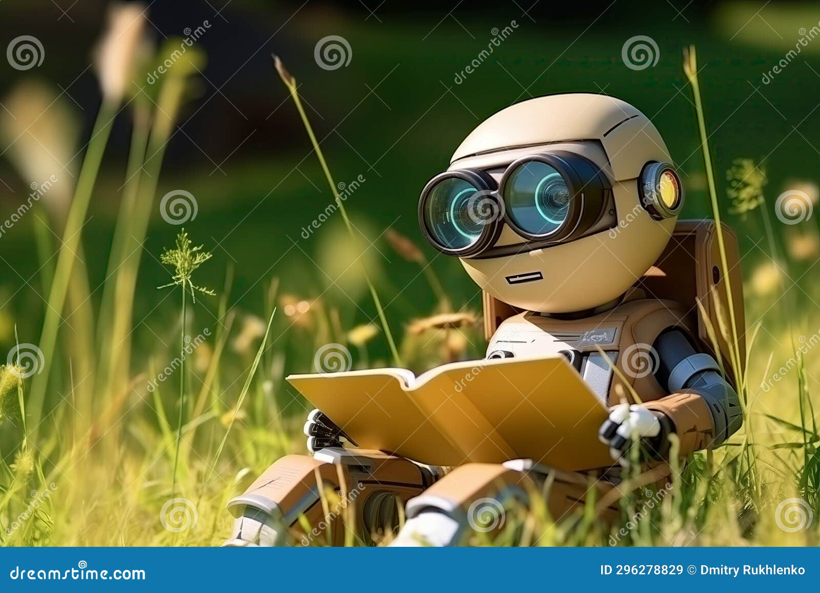 Cute Robot Reading a Book in Summer Meadow Stock Image - Image of ...