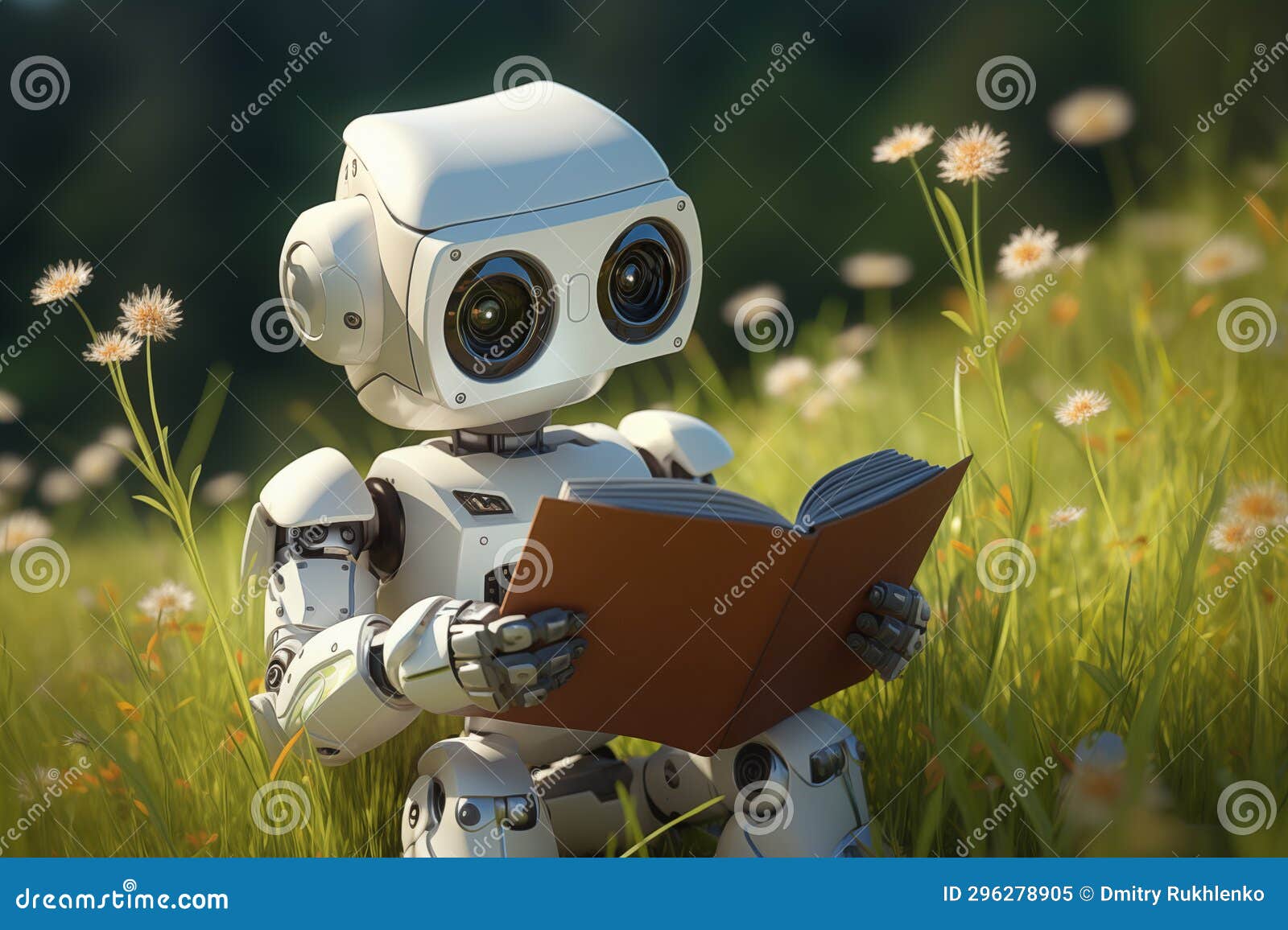 Cute Robot Reading a Book in Summer Meadow Stock Image - Image of ...