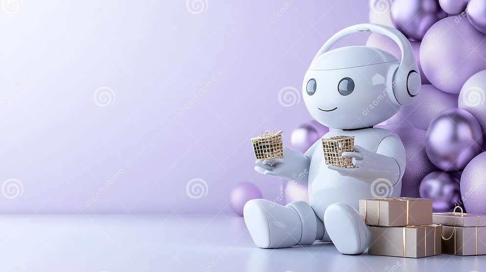 Cute Robot with Shopping Baskets and Gift Boxes Stock Illustration ...