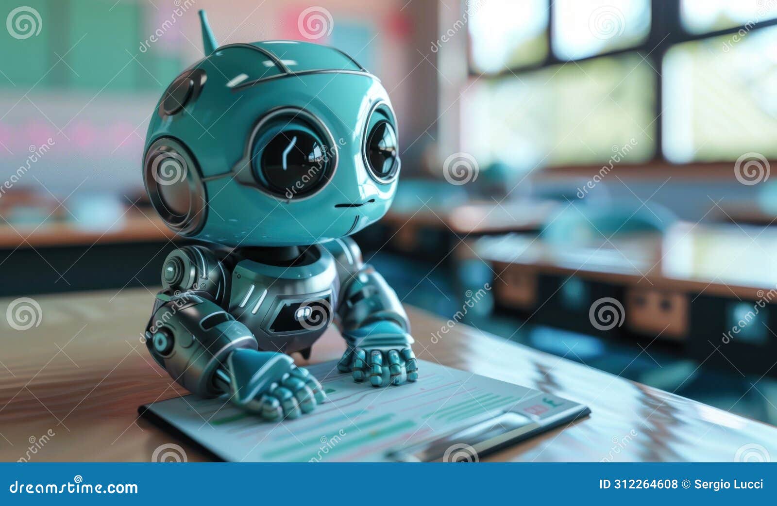 Cute Robot Sitting at Table in School Classroom. Education Concept ...