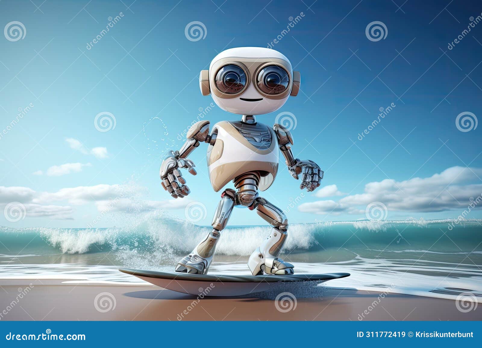 Cute Robot on Surfboard Surf a Wave on Tropical Beach AI Generated ...