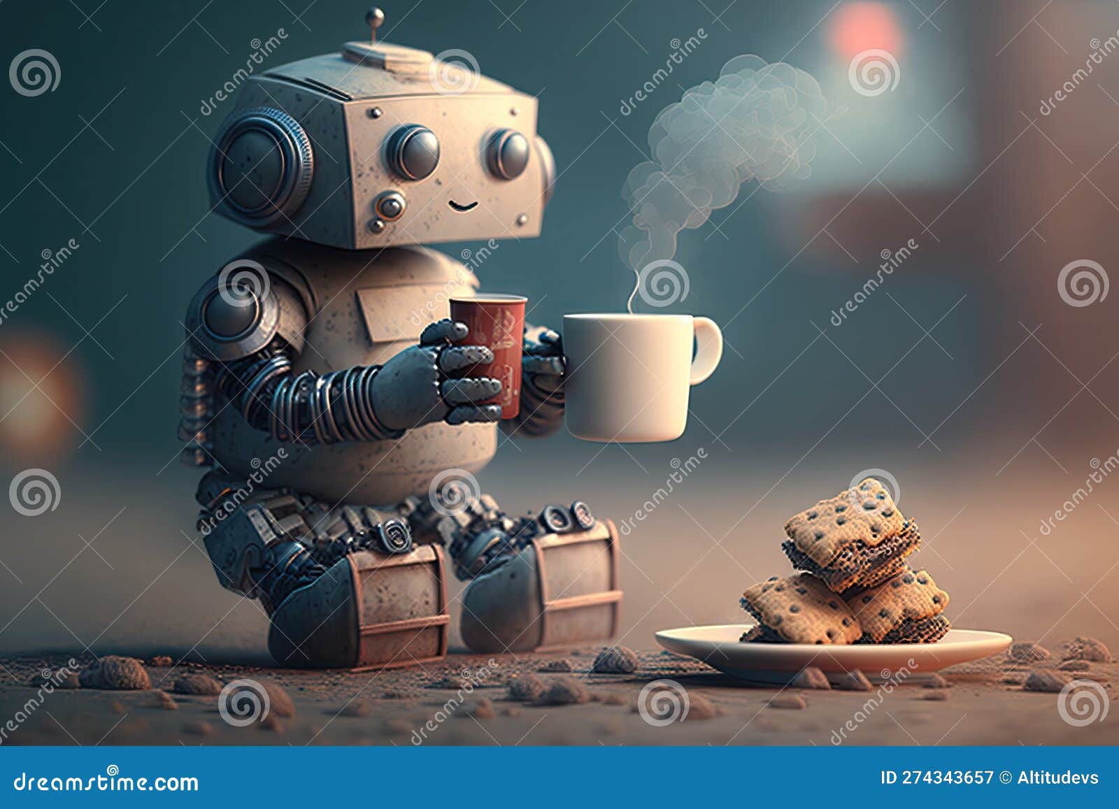 Cute Robot Taking a Break from Work with Cup of Hot Tea and Scone Stock ...