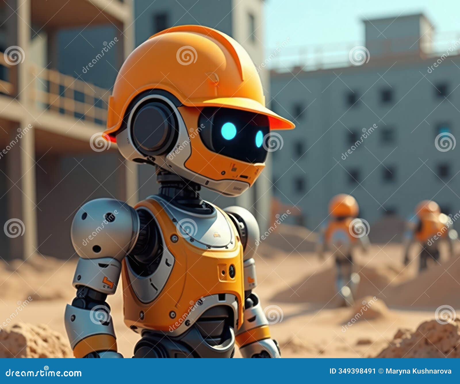 Cute Robot Wearing Orange Hard Hat. Construction Site Background ...
