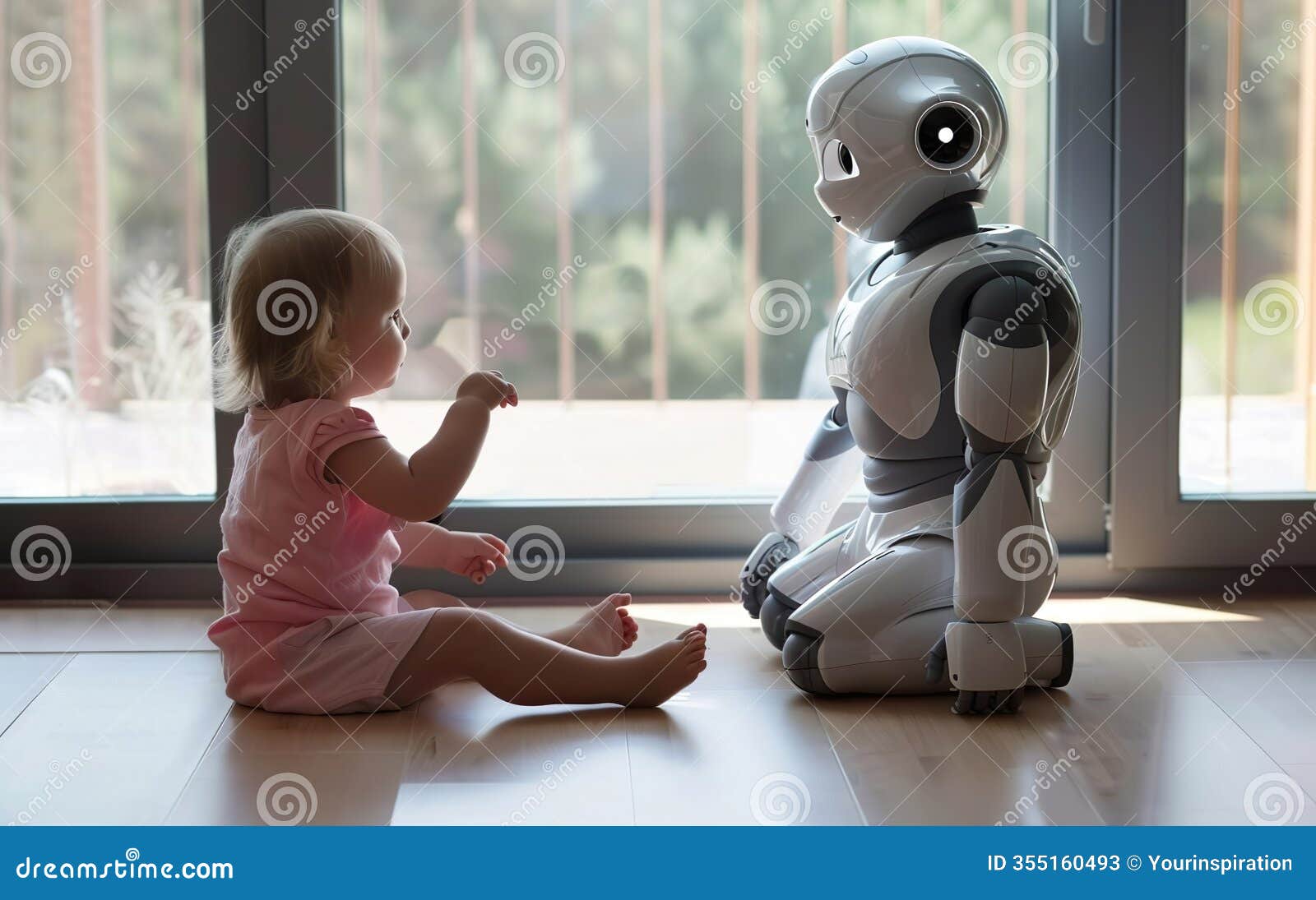 Babysitter Robot With Children Vector Illustration. Robot Nanny With ...